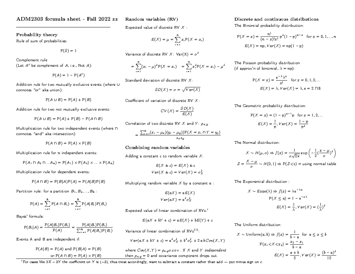 Formula Sheetv 1 - ADM2303 formula sheet - Fall 2022 zz Probability ...