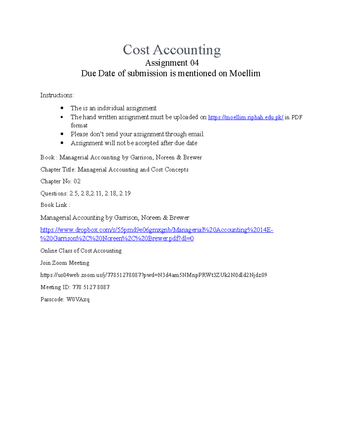 Assignment 04 - ch 4 solution - Cost Accounting Assignment 04 Due Date ...