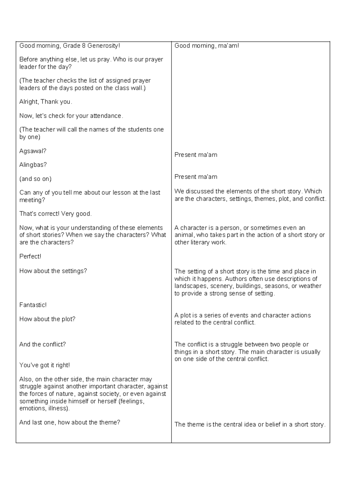Script DEMO Teaching - Good morning, Grade 8 Generosity! Before ...