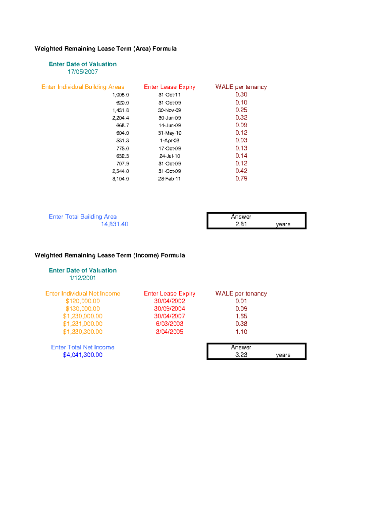 WALE calculations - test - Weighted Remaining Lease Term (Area) Formula ...