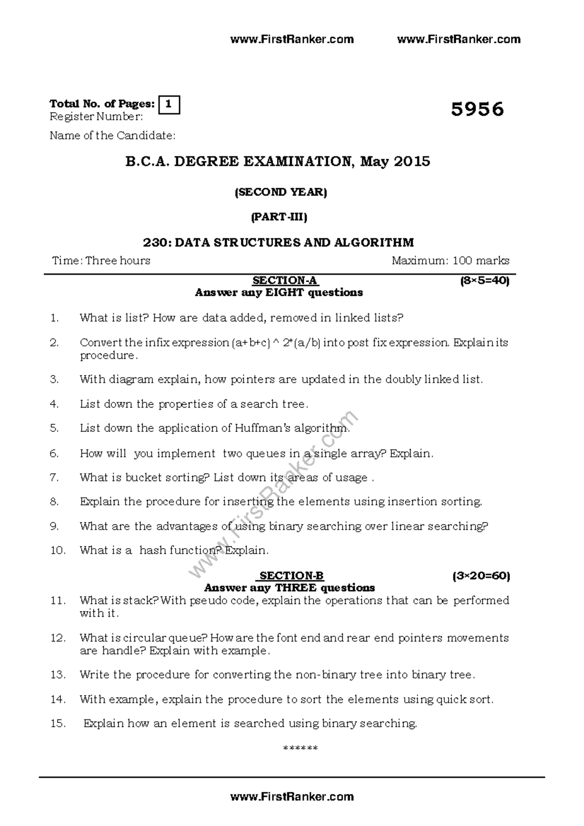 Annamalai University Bca Data Structures And Algorithm 5956 Fr 159 First Ranker Firstranker