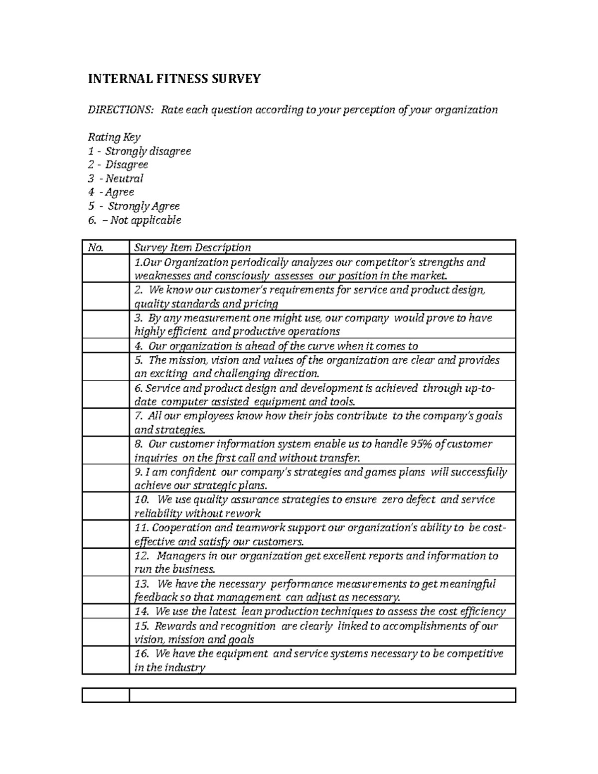 Internal Fitness Survey - INTERNAL FITNESS SURVEY DIRECTIONS: Rate each ...