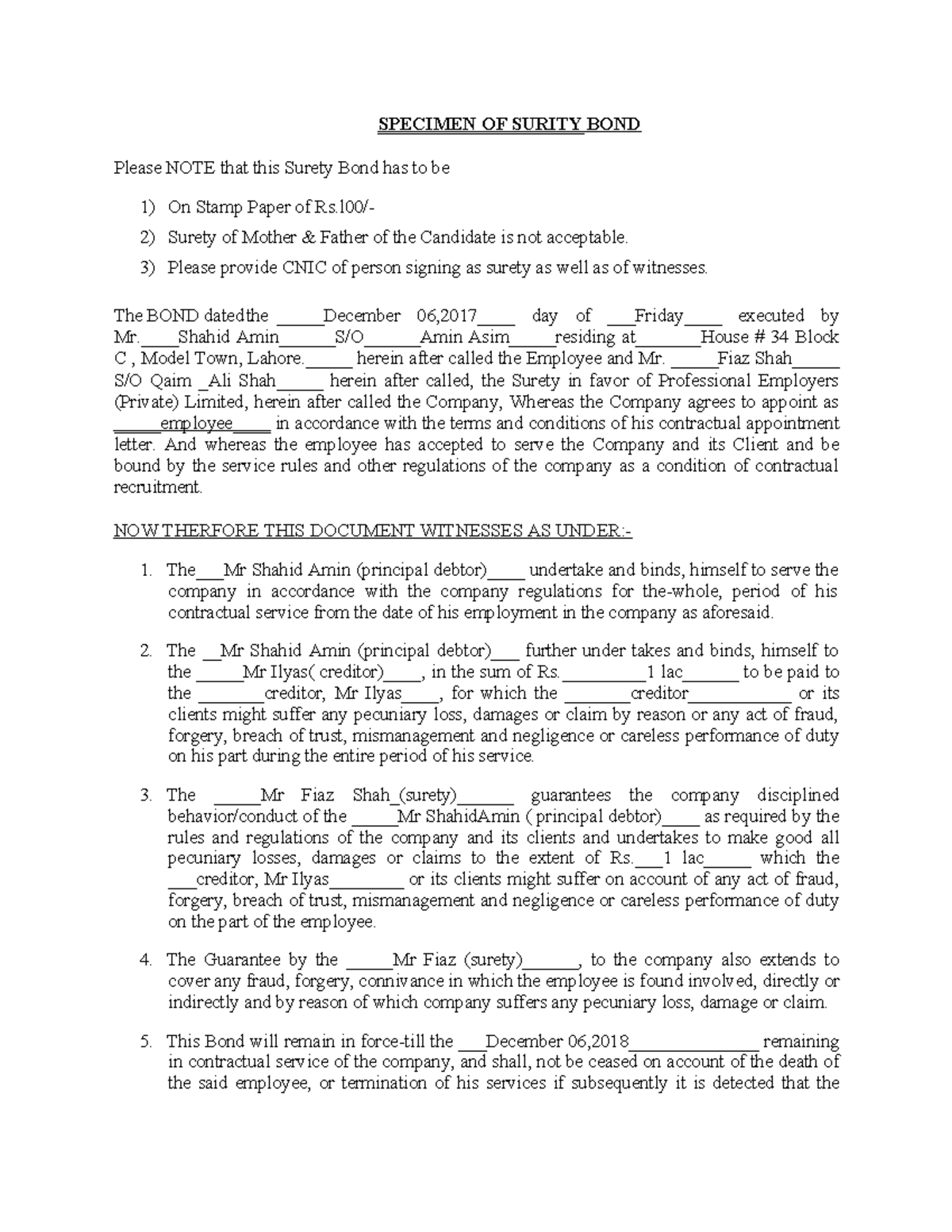 Specimen OF Surity BOND - SPECIMEN OF SURITY BOND Please NOTE that this ...