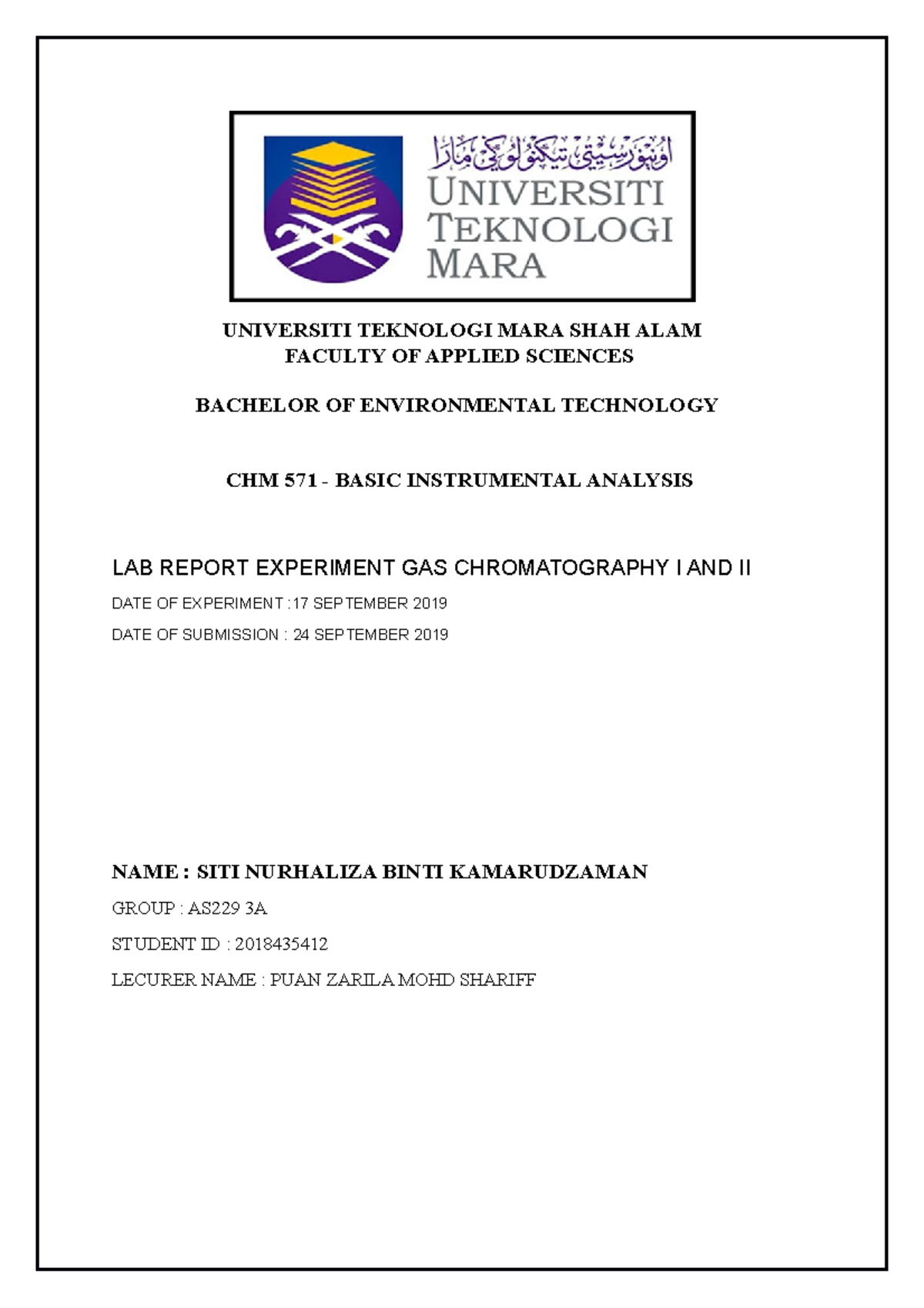 EXP GC - LAB REPORT EXPERIMENT GAS CHROMATOGRAPHY I AND II Abstract ...