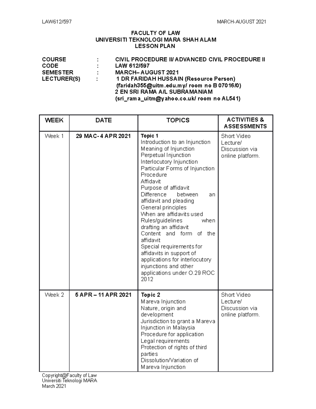 612 Lesson PLAN March August 2021 - FACULTY OF LAW UNIVERSITI TEKNOLOGI ...