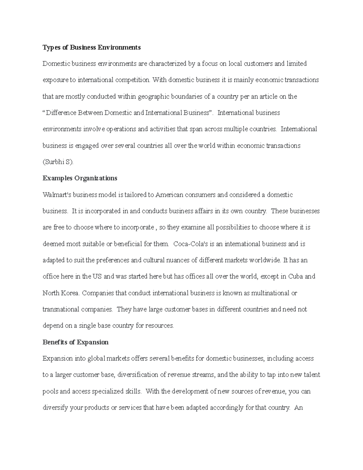 Types of Business Environments 1sr paper - Types of Business ...