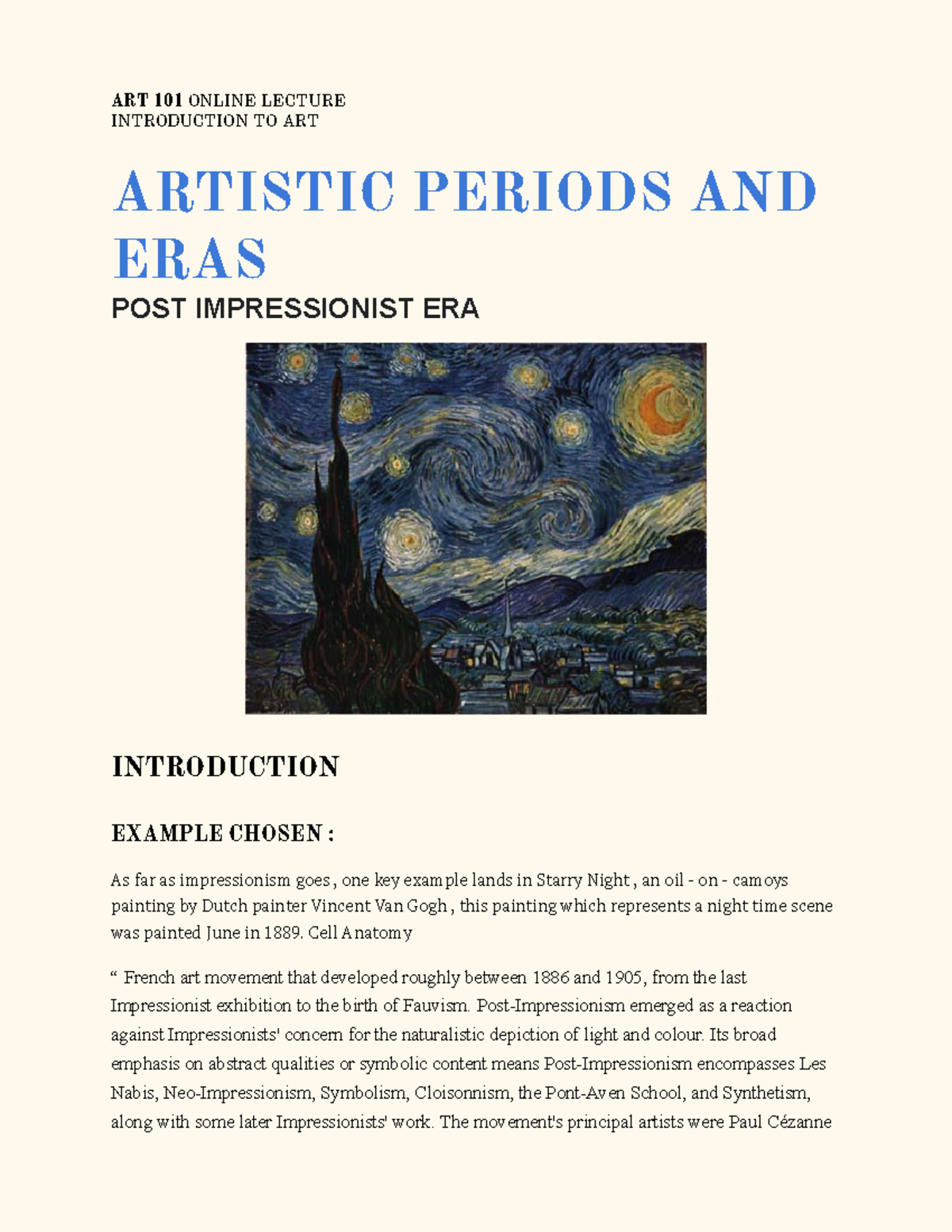 ART 101 Online Lecture - A piece of a larger notes project on post ...