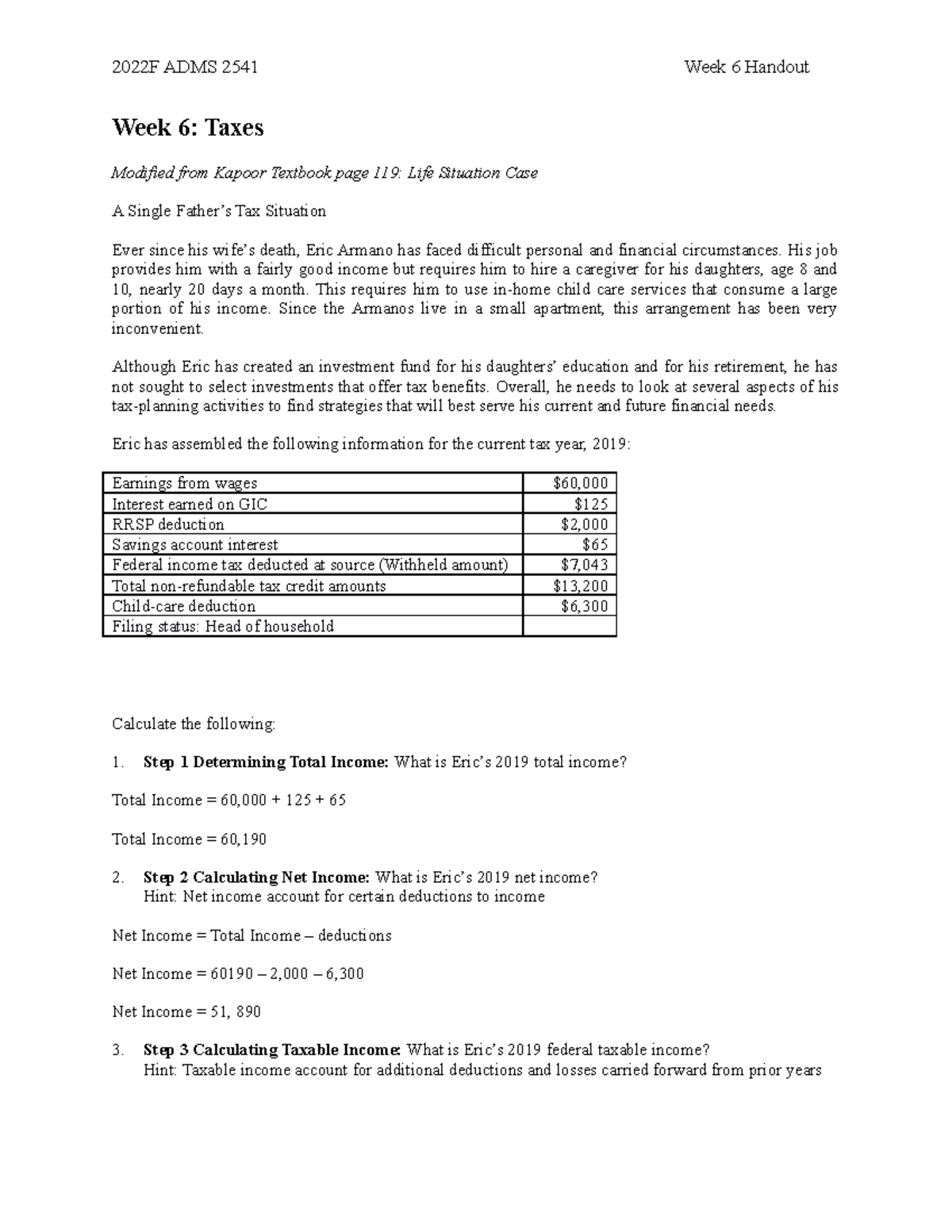 Week 6 - Worksheet - Week 6: Taxes Modified from Kapoor Textbook page ...
