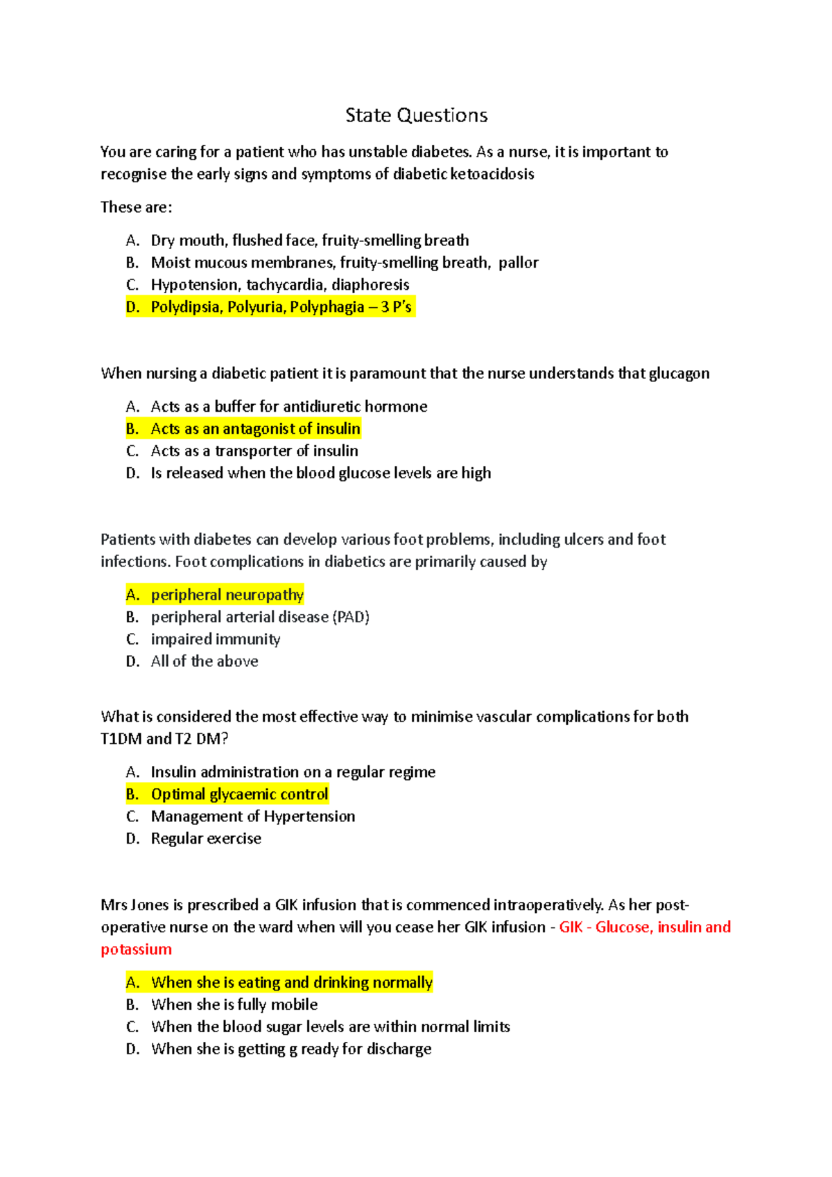 Diabetes and hypertension State questions with Answers - State ...