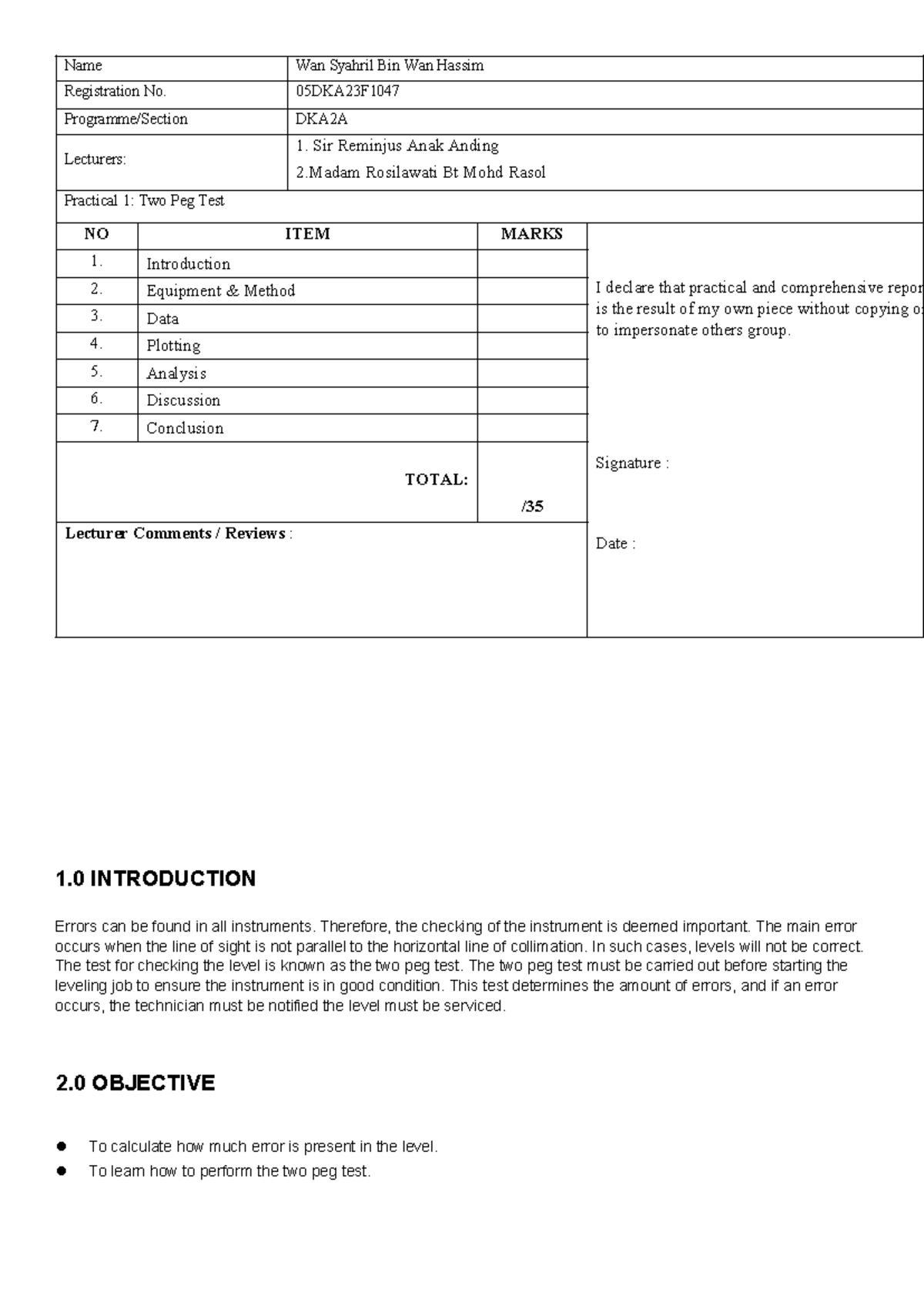 Wan Two peg Test - Name Wan Syahril Bin Wan Hassim Registration No ...