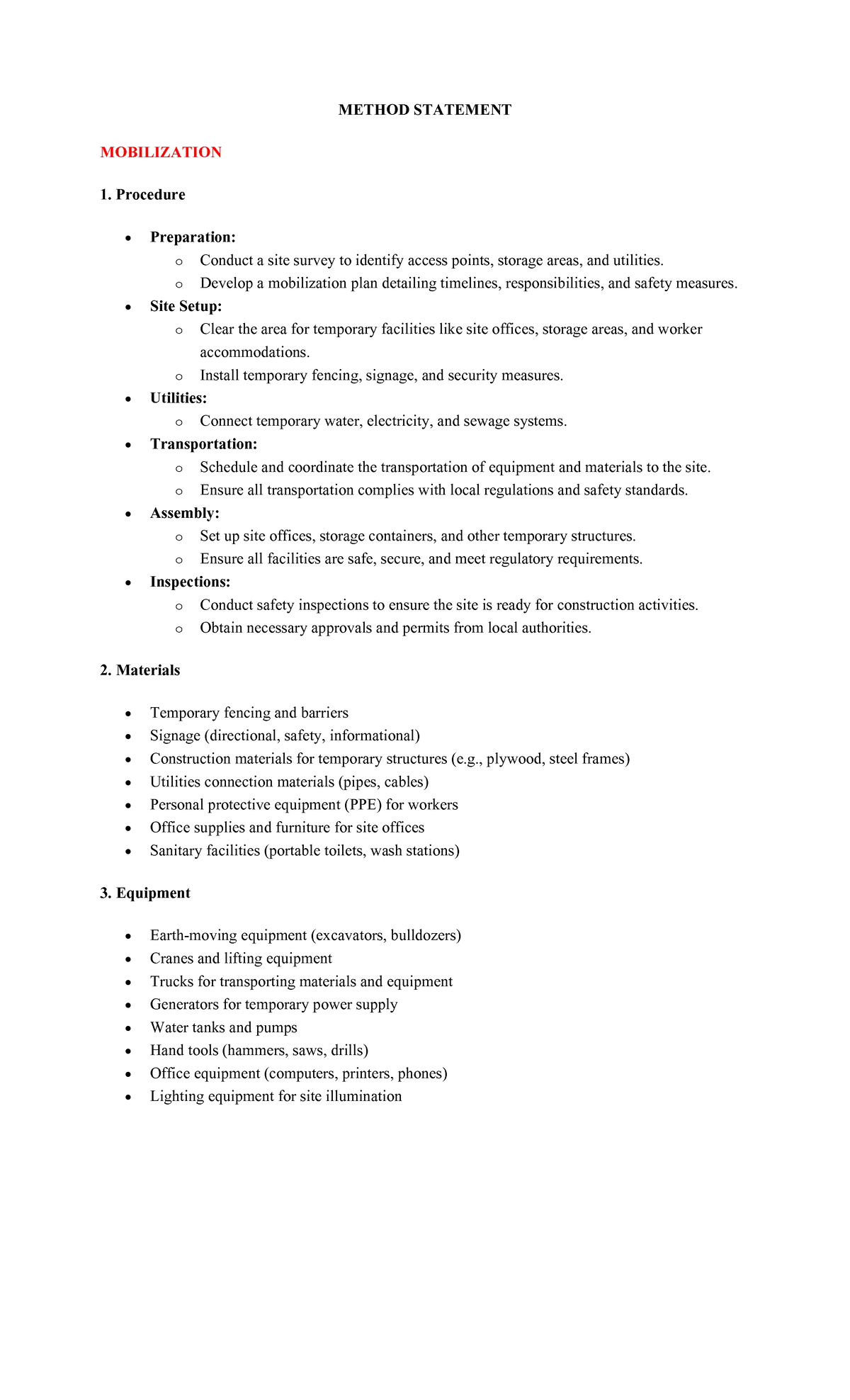 Method Statement - METHOD STATEMENT MOBILIZATION 1. Procedure ...