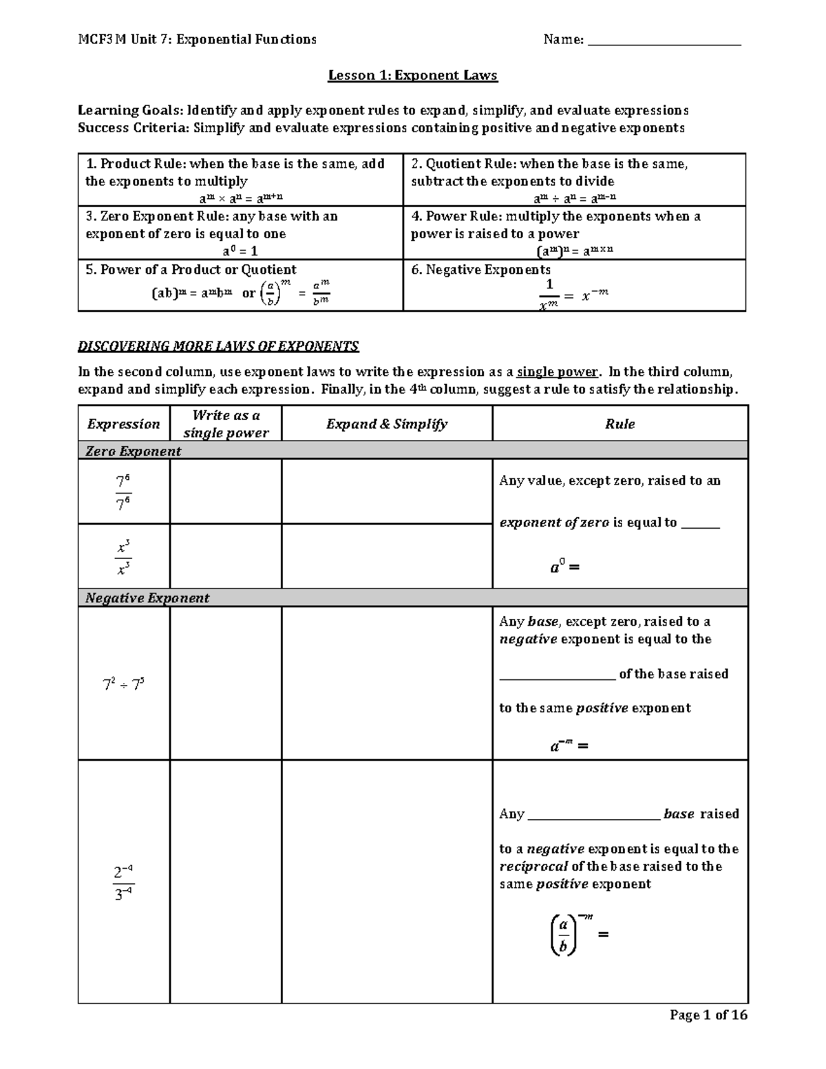 7.0 Exponential Unit Notes - Upload - Lesson 1: Exponent Laws Learning ...