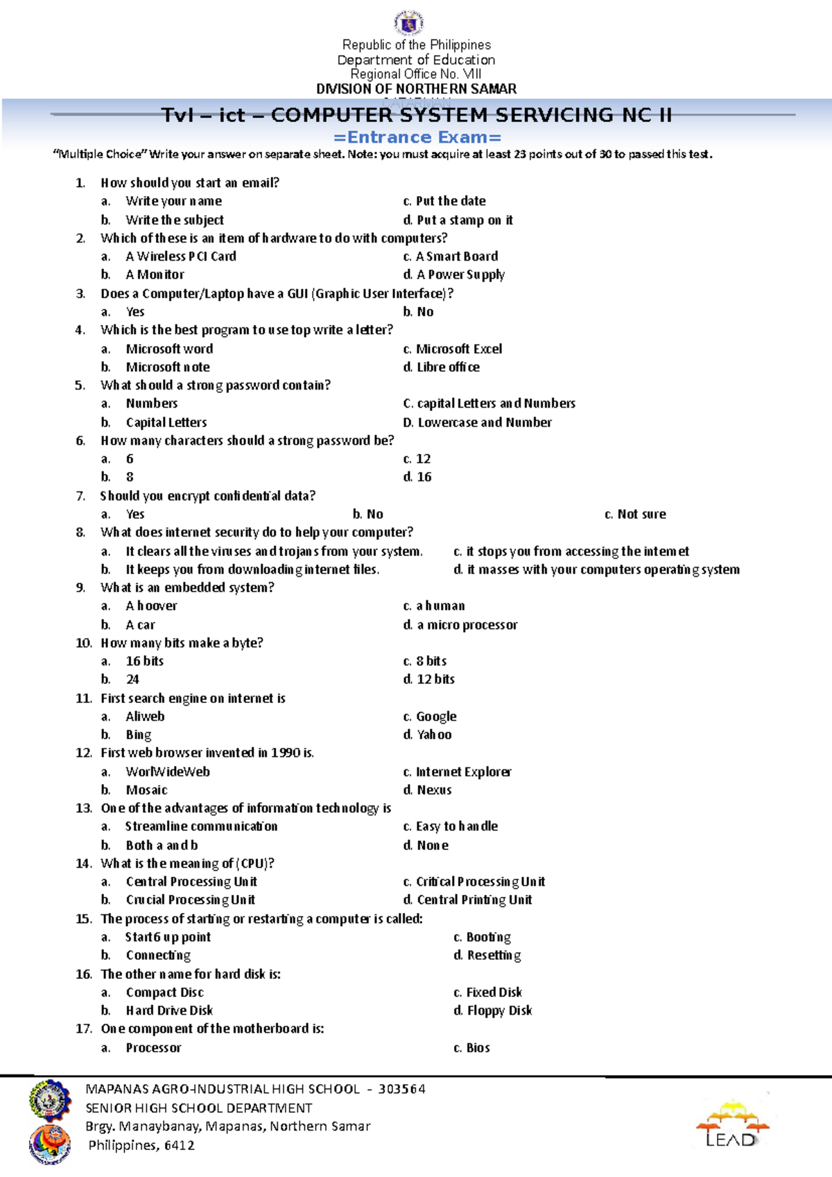CSS Entrance EXAM - Republic of the Philippines Department of Education ...