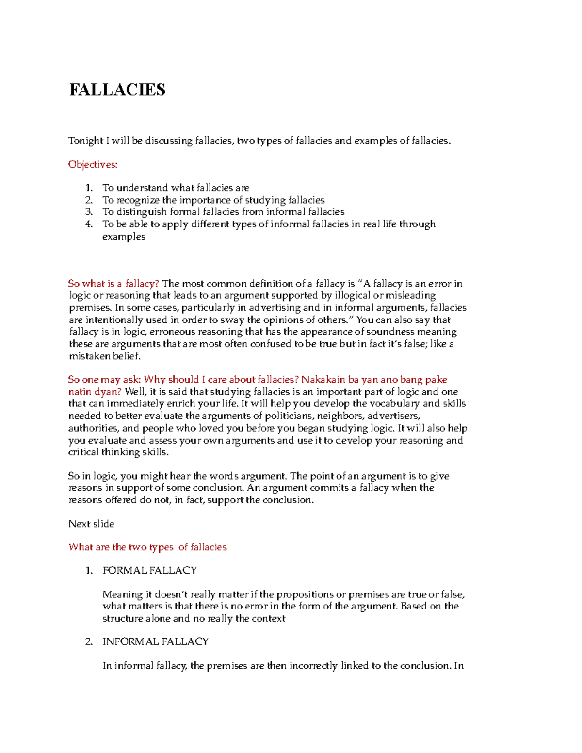 notes on formal and informal fallacies. paper is not mine, reference is ...