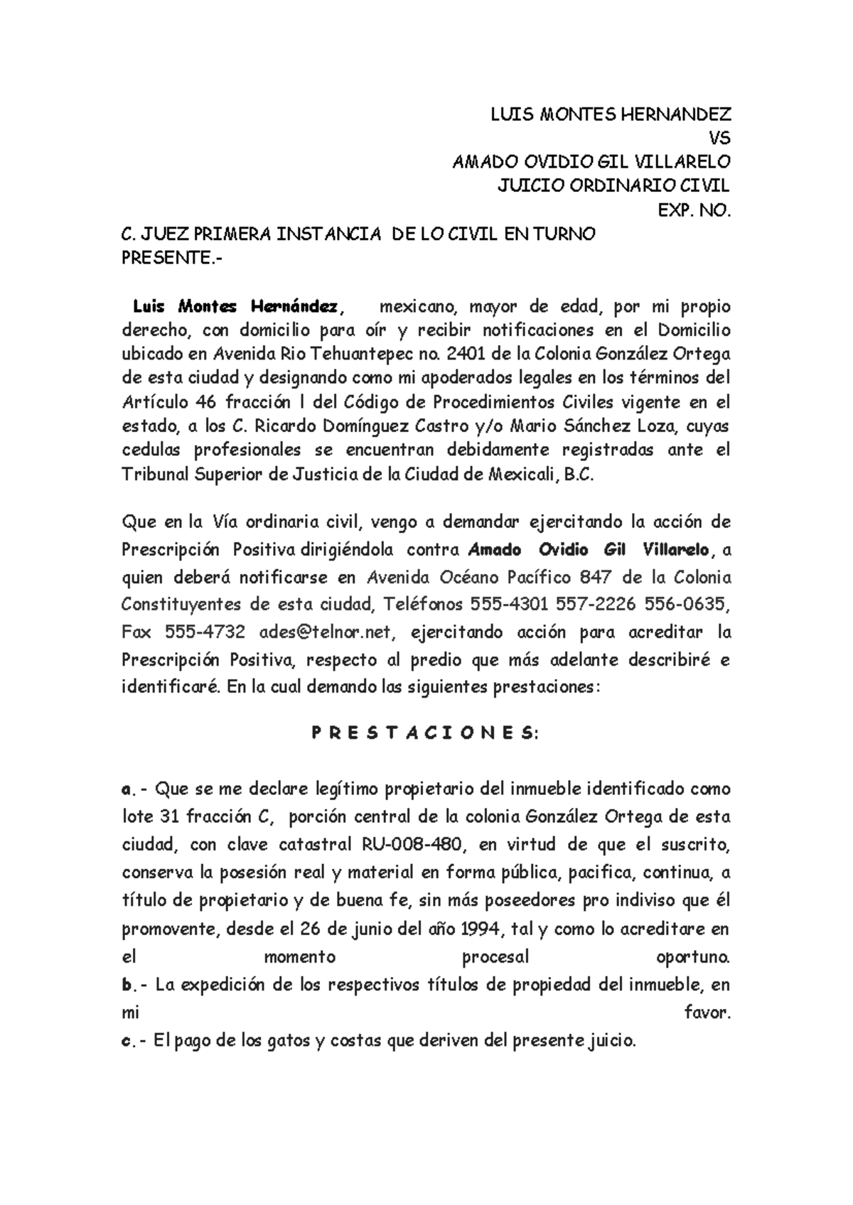 Gio prescripcion - demanda prescrpcion - LUIS MONTES HERNANDEZ VS AMADO ...