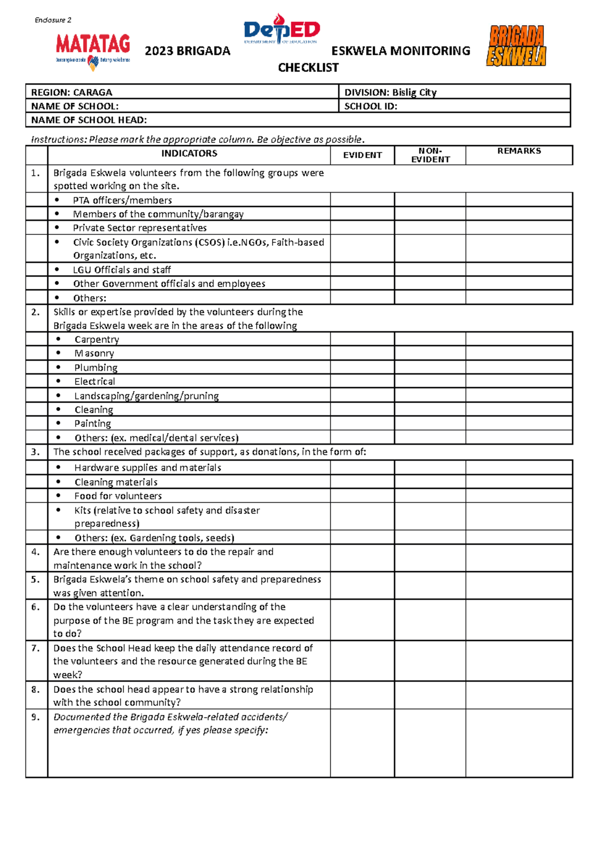 2023 BE Monitoring TOOL - 2023 BRIGADA ESKWELA MONITORING CHECKLIST ...