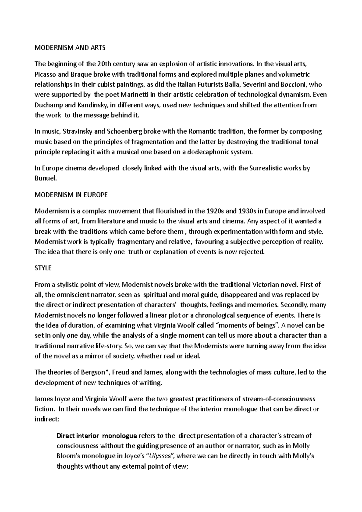 Modernism AND ARTS - LECTURE NOTES - MODERNISM AND ARTS The beginning ...