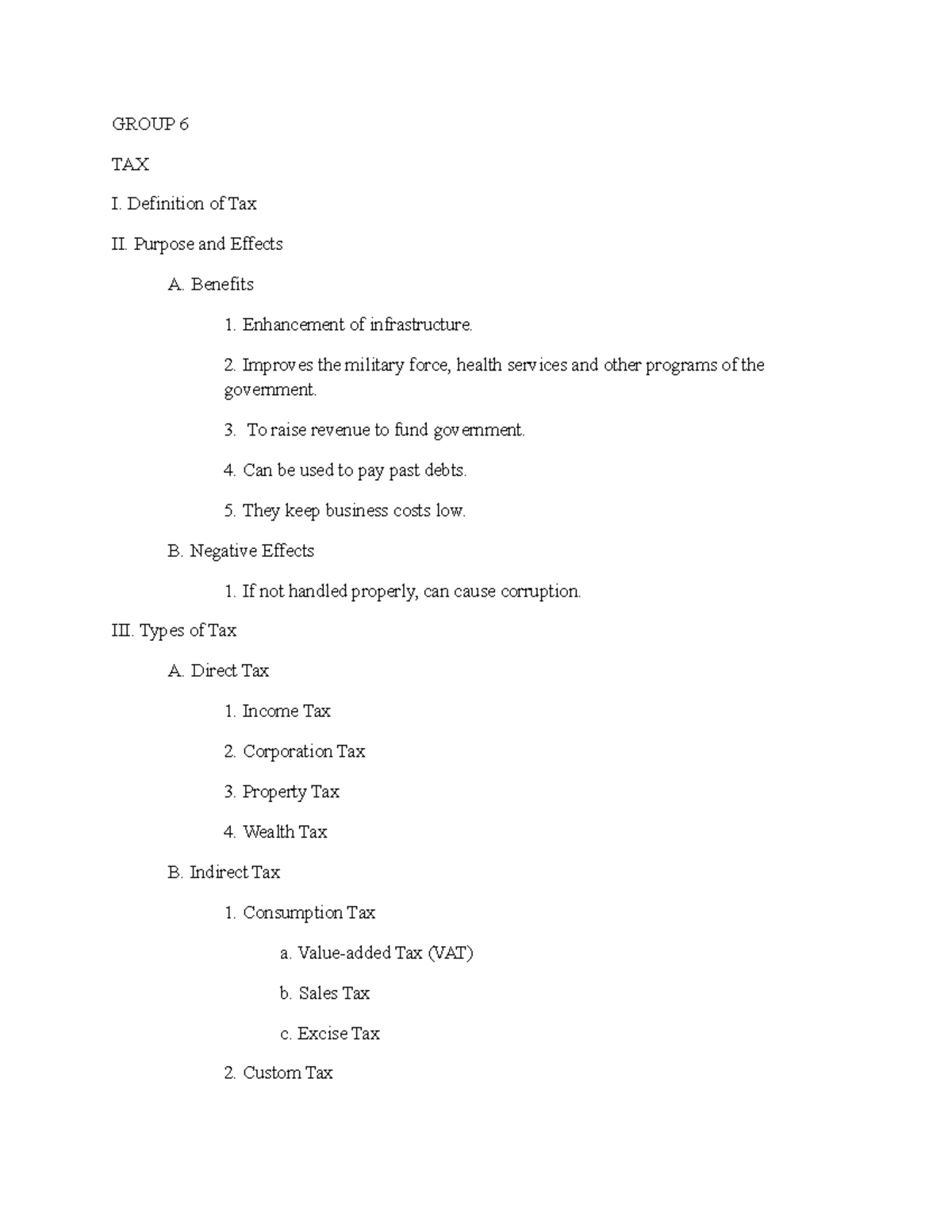 TAX-1 - NOTES - GROUP 6 TAX I. Definition of Tax II. Purpose and ...