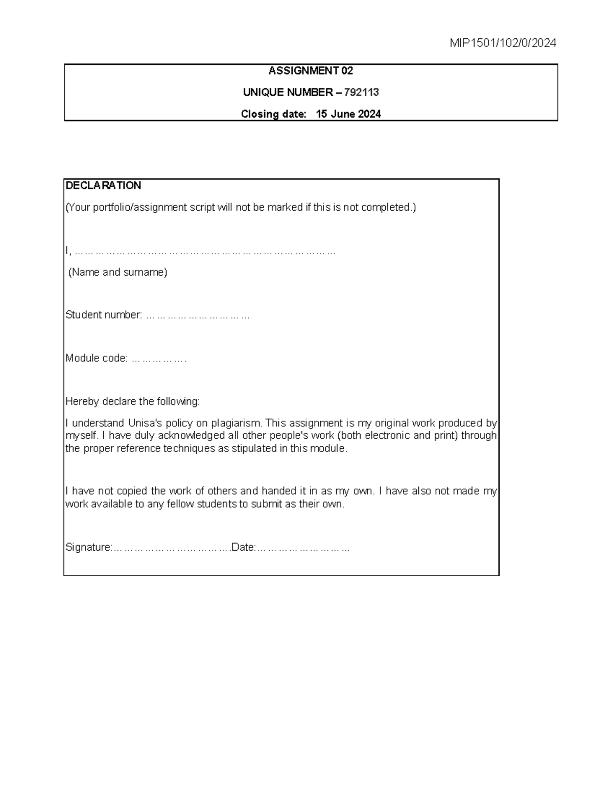 Assignment 2 MIP1501 2024 - MIP1501/102/0/202 4 ASSIGNMENT 02 UNIQUE ...