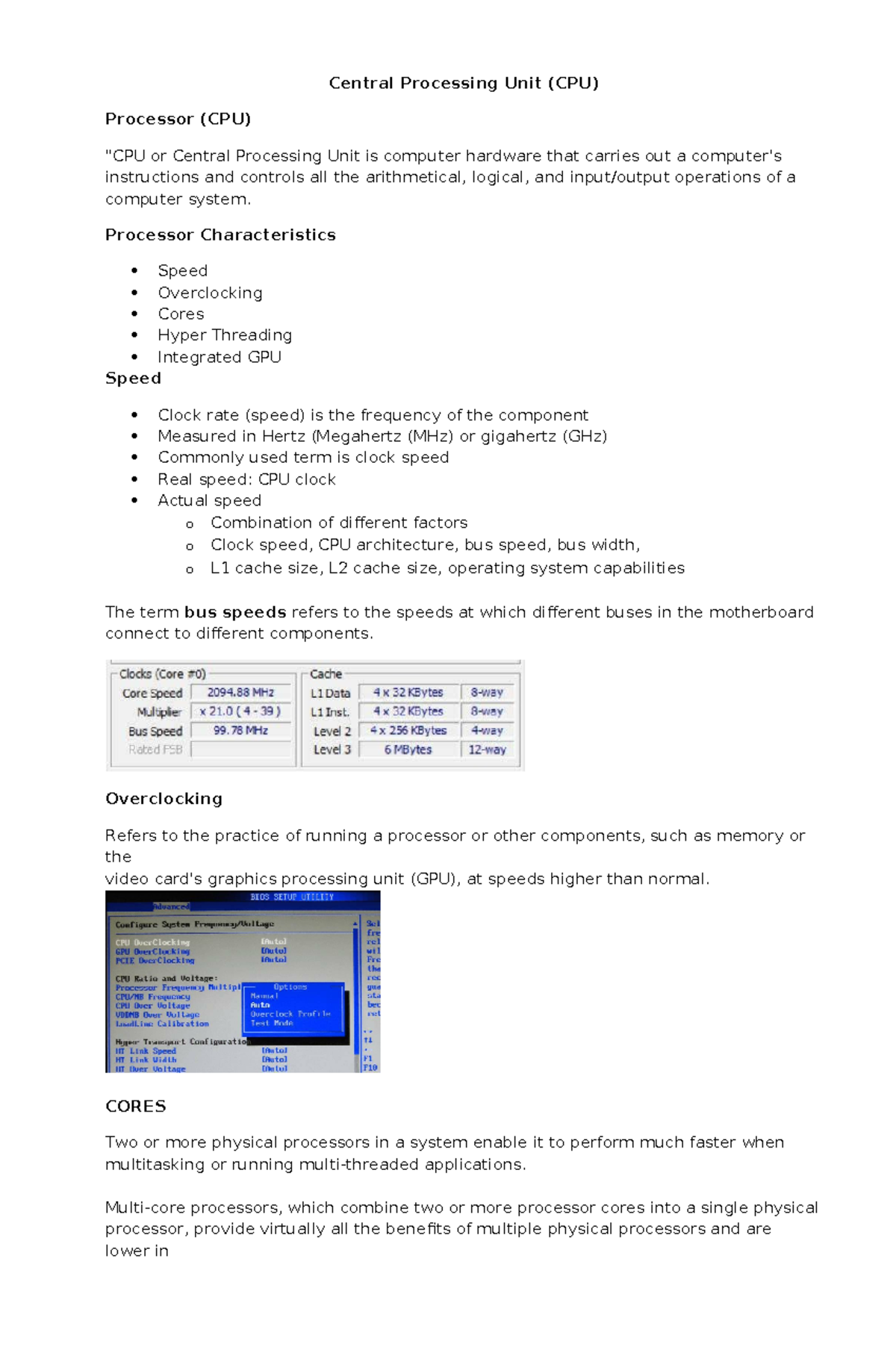 Central Process - Processor Characteristics Speed Overclocking Cores Hyper Threading - Studocu