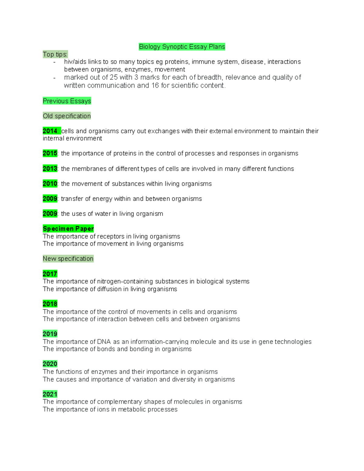 Biology Synoptic Essay Tips - Biology Synoptic Essay Plans Top tips ...
