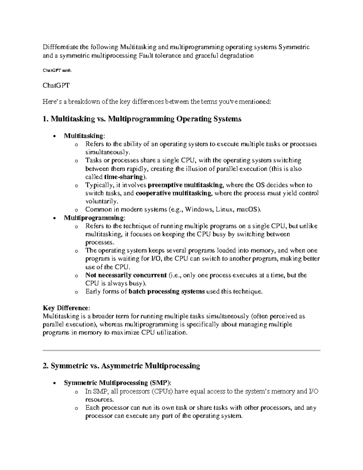 Os mid solution - Diffferntiate the following Multitasking and multiprogramming operating ...