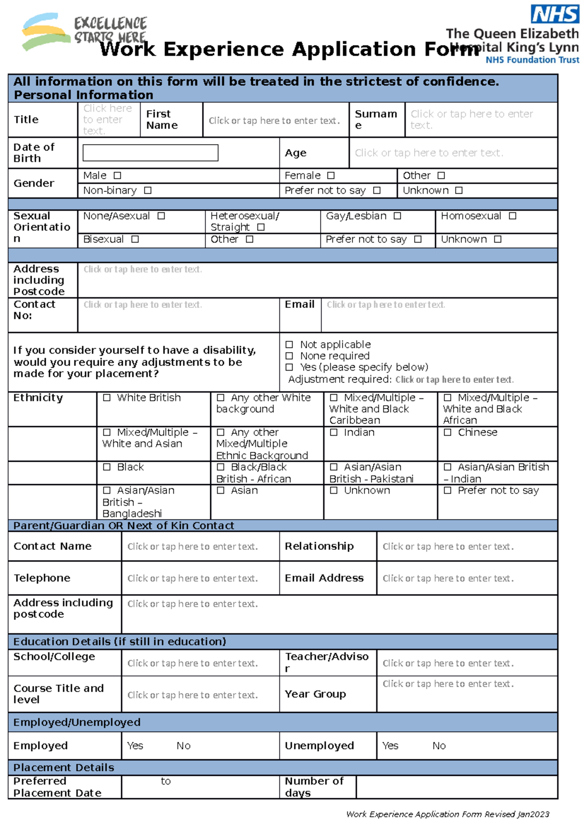 Work Experience Application Form 2023 - ` Work Experience Application ...