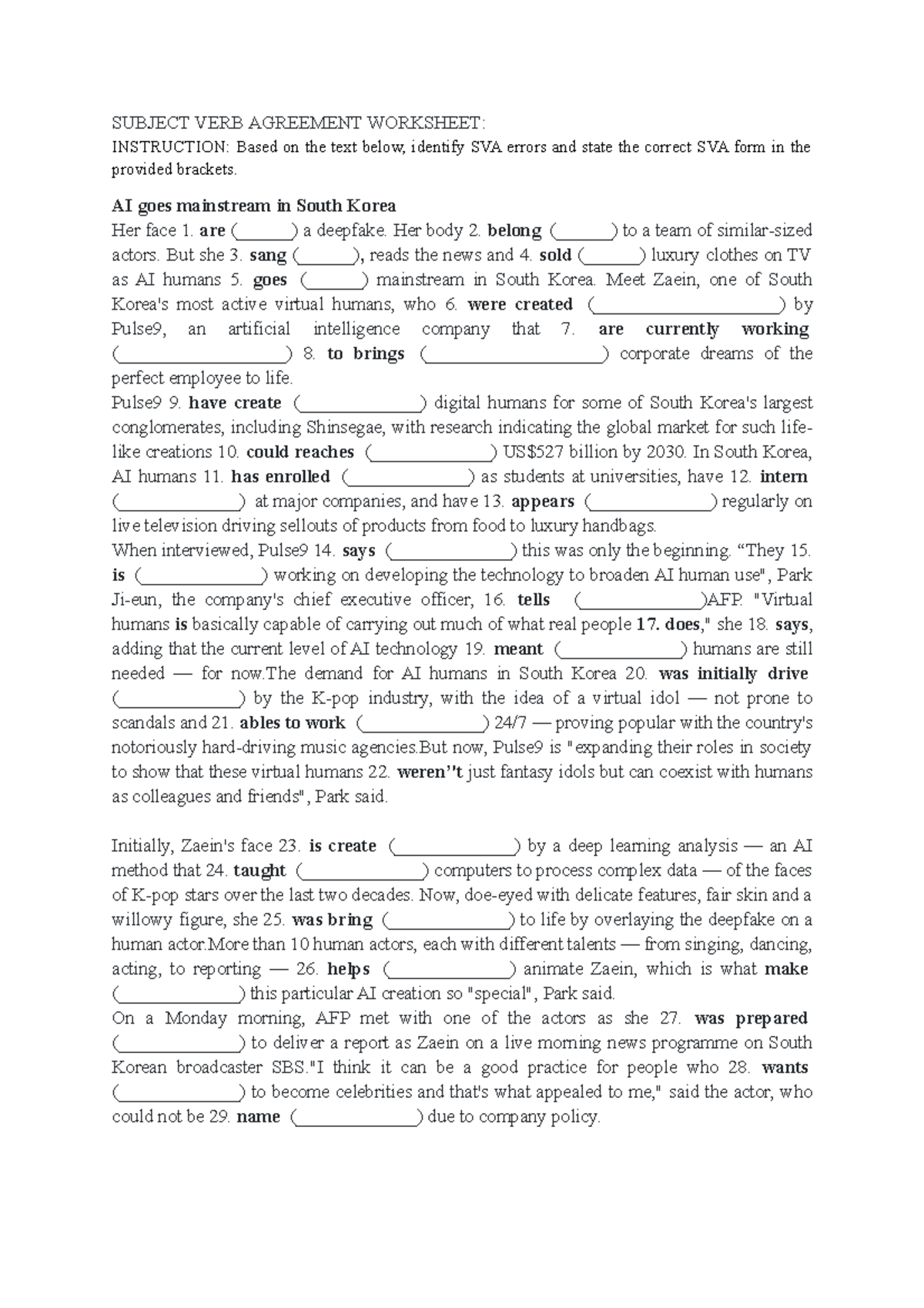 Subject VERB Agreement Worksheet - SUBJECT VERB AGREEMENT WORKSHEET ...