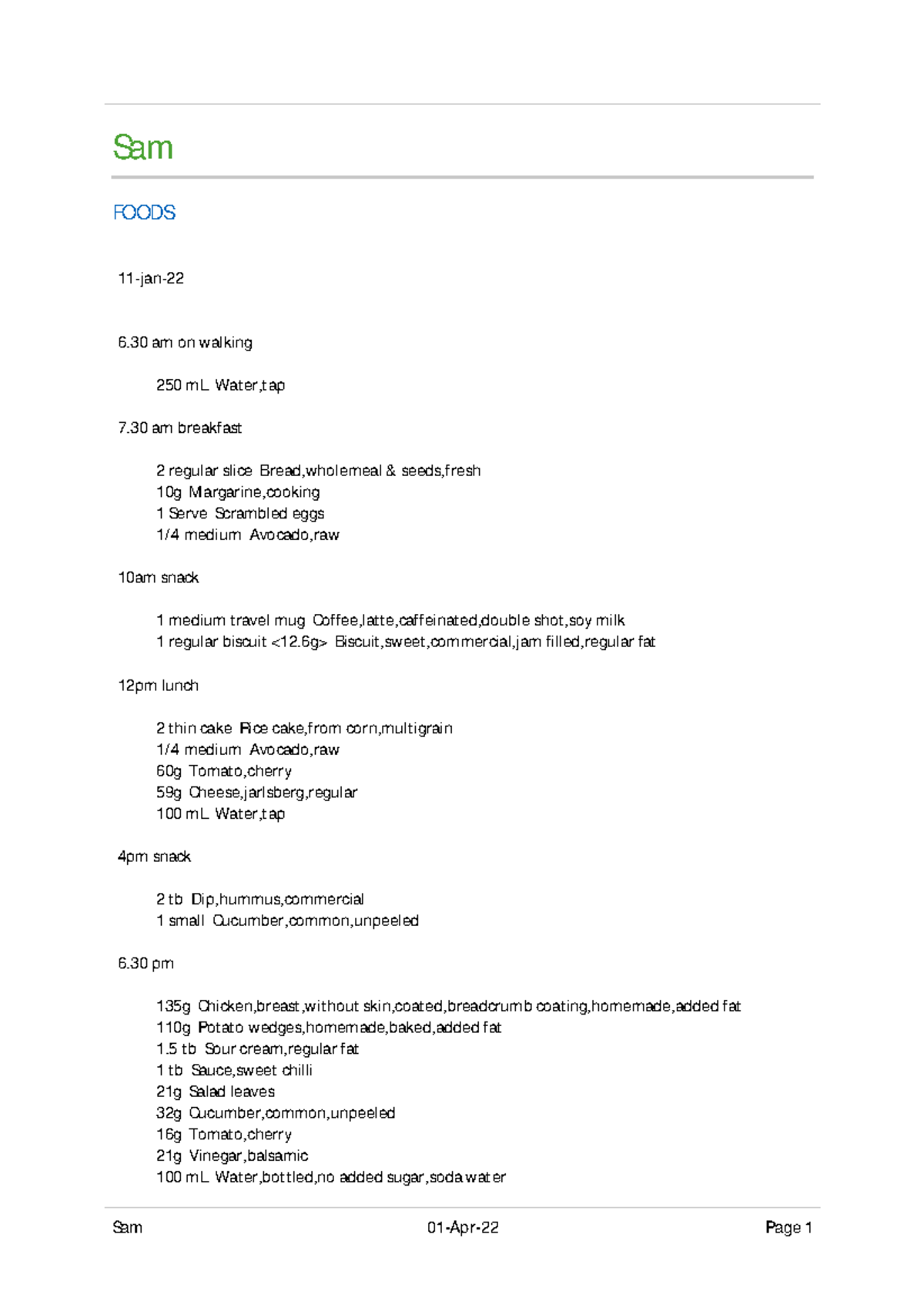 Sam - report - Sam FOODS 11-jan- 6 am on w alking 250 mL Wat er,t ap 7 ...