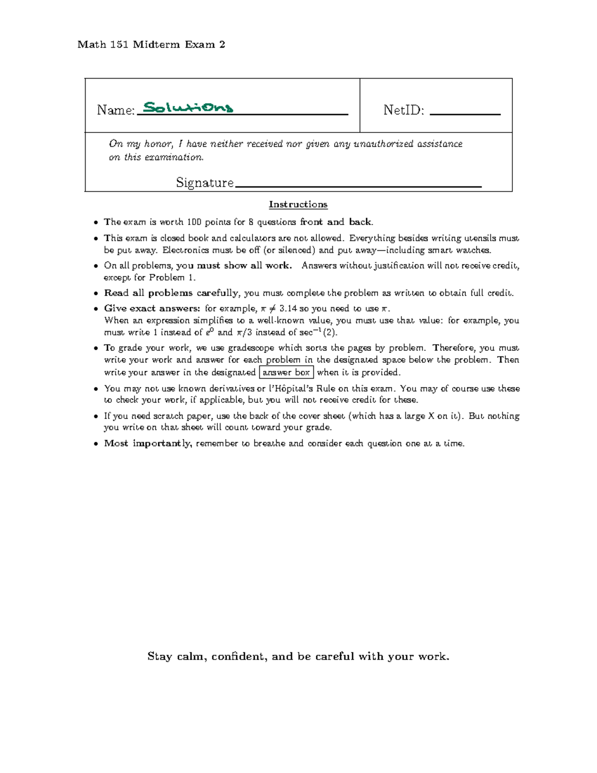 151 Exam 2B Solutions - ...... - Math 151 Midterm Exam 2 Name: NetID ...