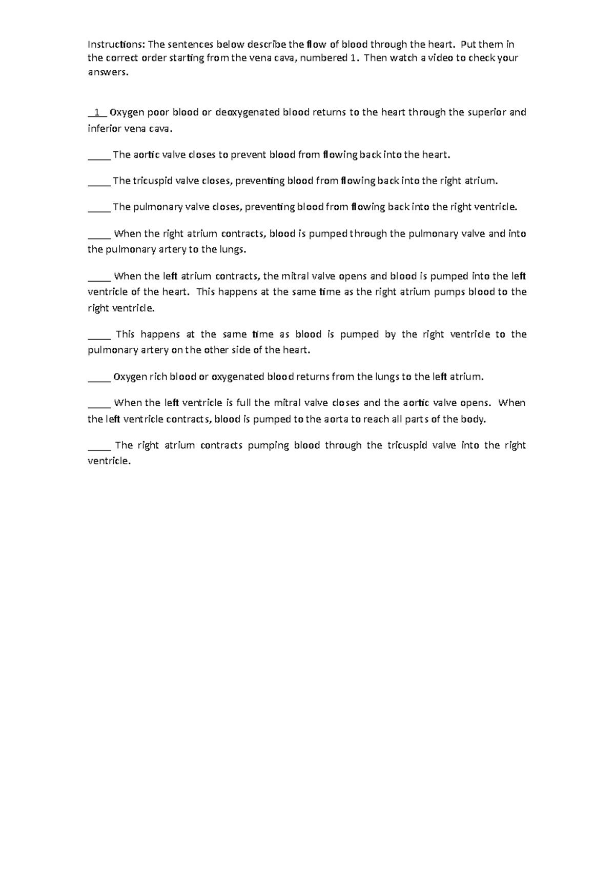 The Pathway of Blood Flow Through the Heart - ordering sentences ...