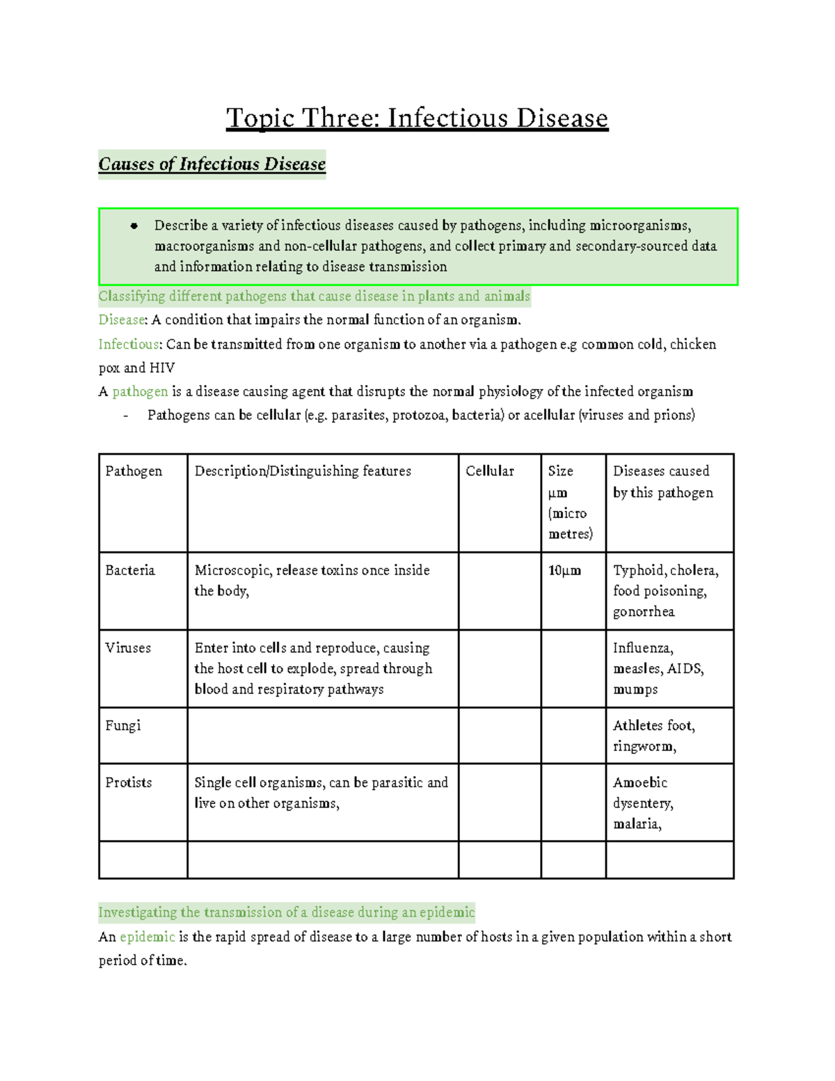Topic Three Infectious Disease - Topic Three: Infectious Disease Causes ...