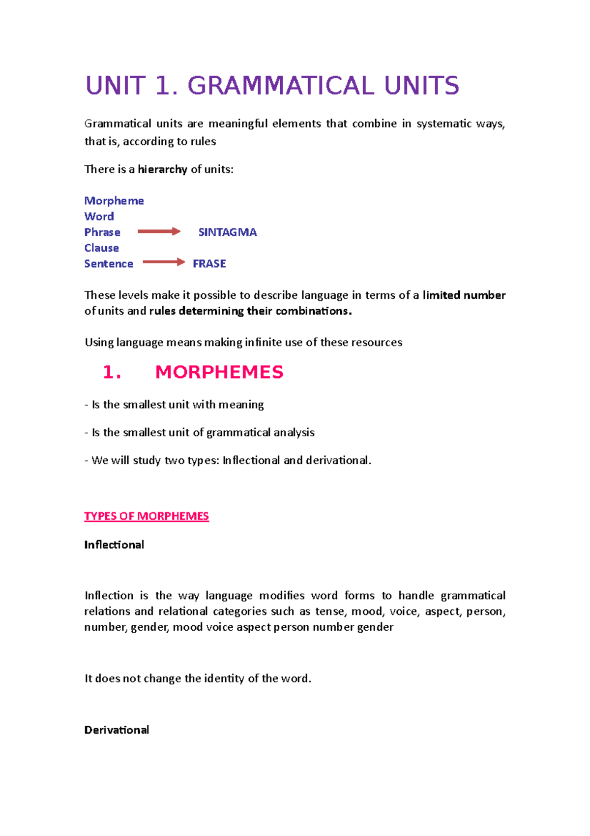 Resumen UNIT 1 - UNIT 1. GRAMMATICAL UNITS Grammatical units are ...