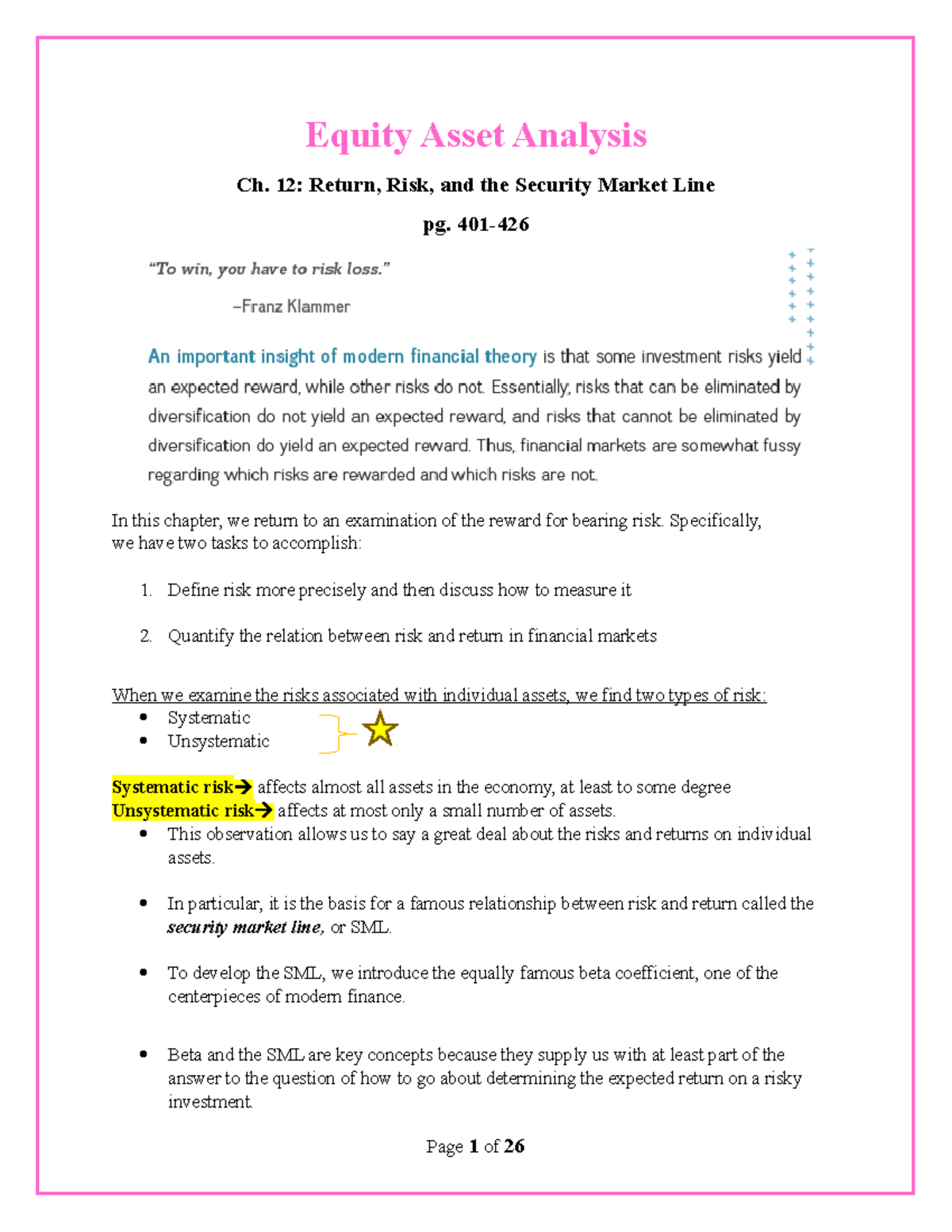 Equity Asset Analysis Ch. 12 Note - Equity Asset Analysis Ch. 12 ...