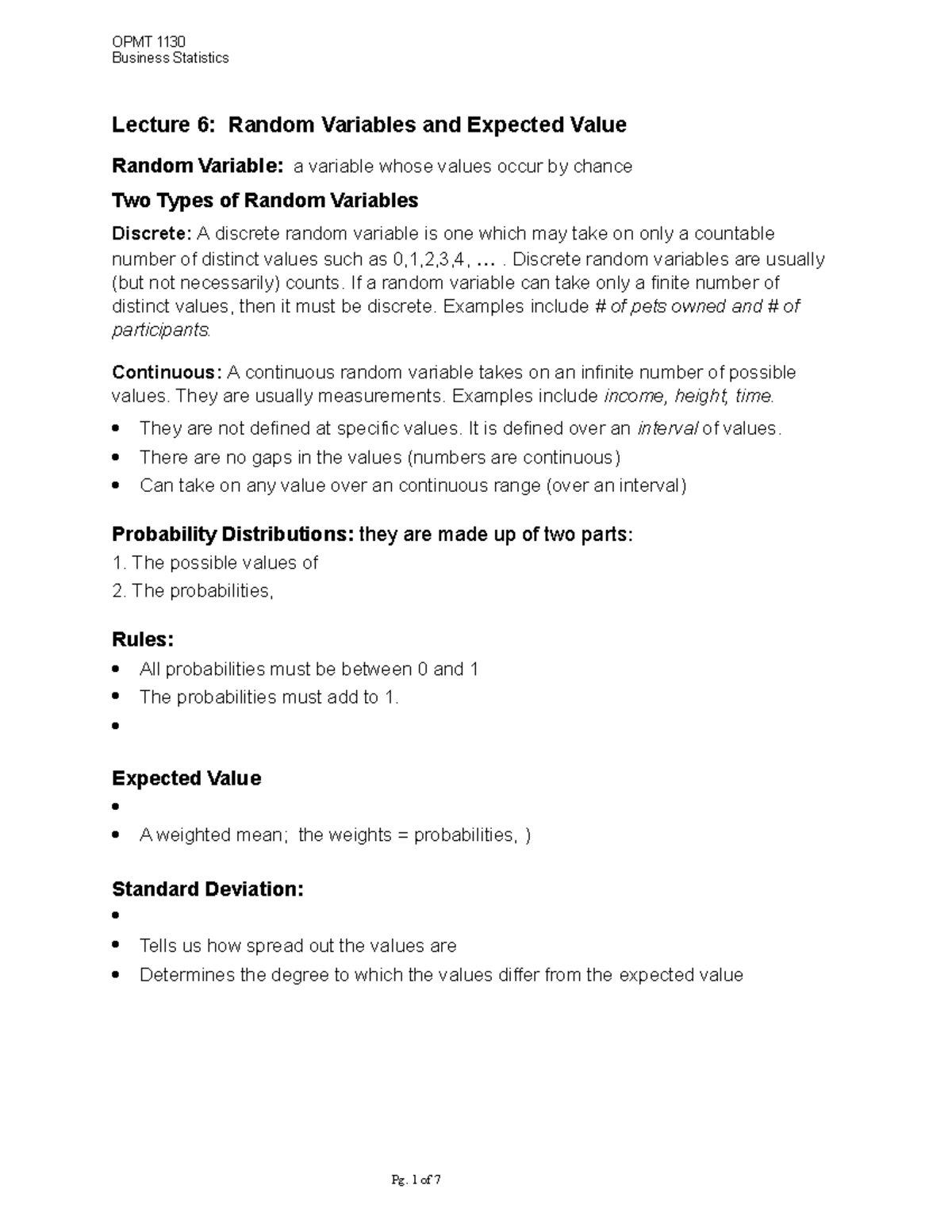Lecture 6 Stat Business Statistics Lecture 6 Random Variables And Expected Value Random