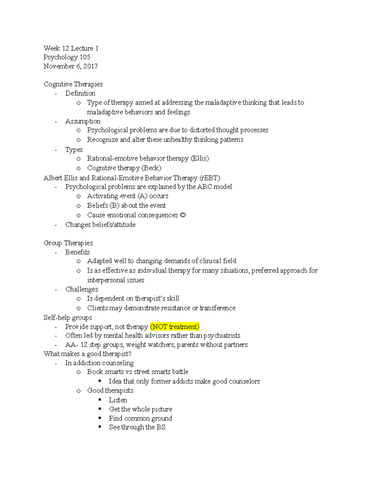 Week 12 Lecture 1 - Week 12 Lecture 1 Psychology 105 November 6, 2017 ...
