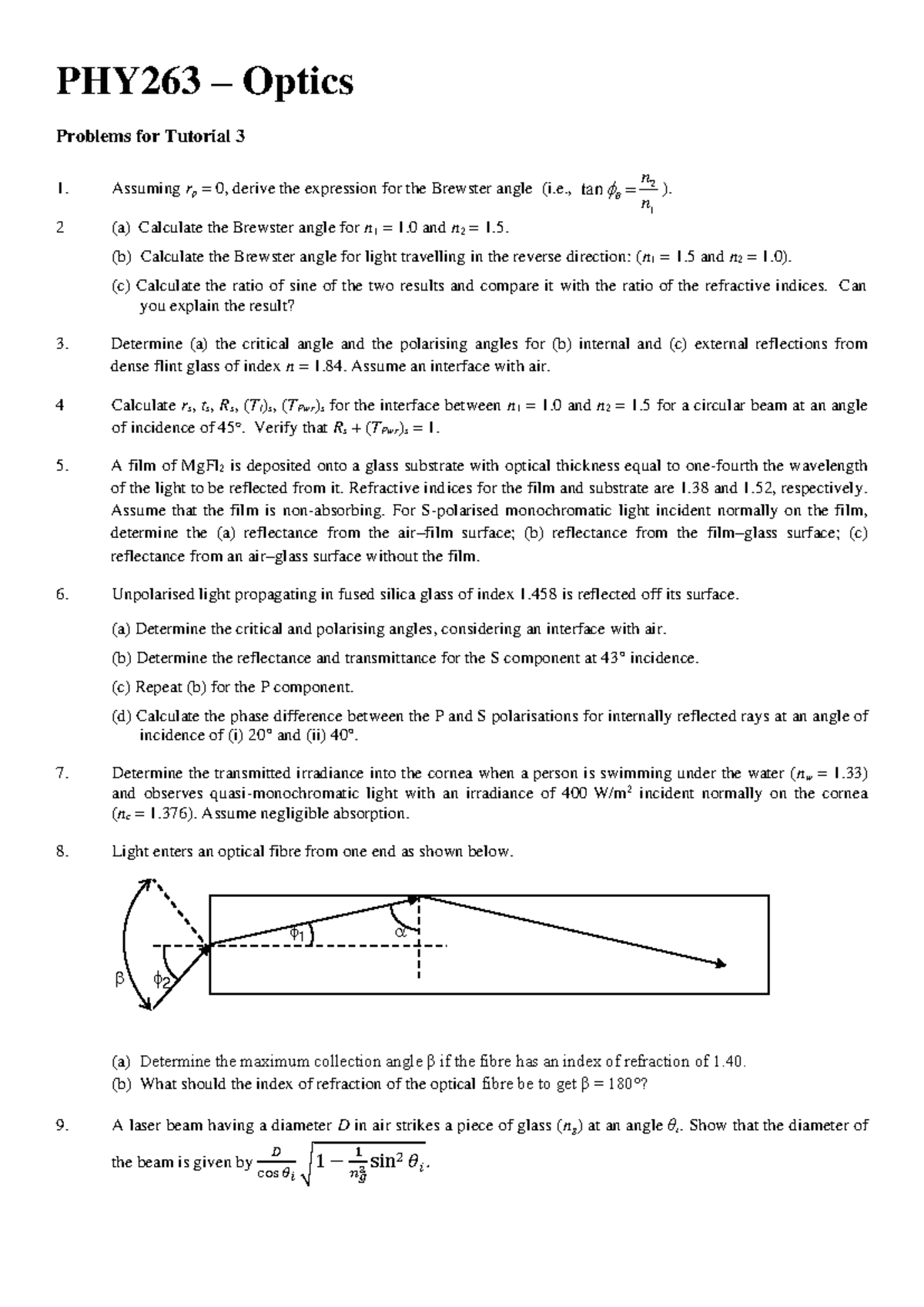 Tut 3 problems - Tutorial questions for optics part of the PHY 263 - PHY263 – Optics Problems ...