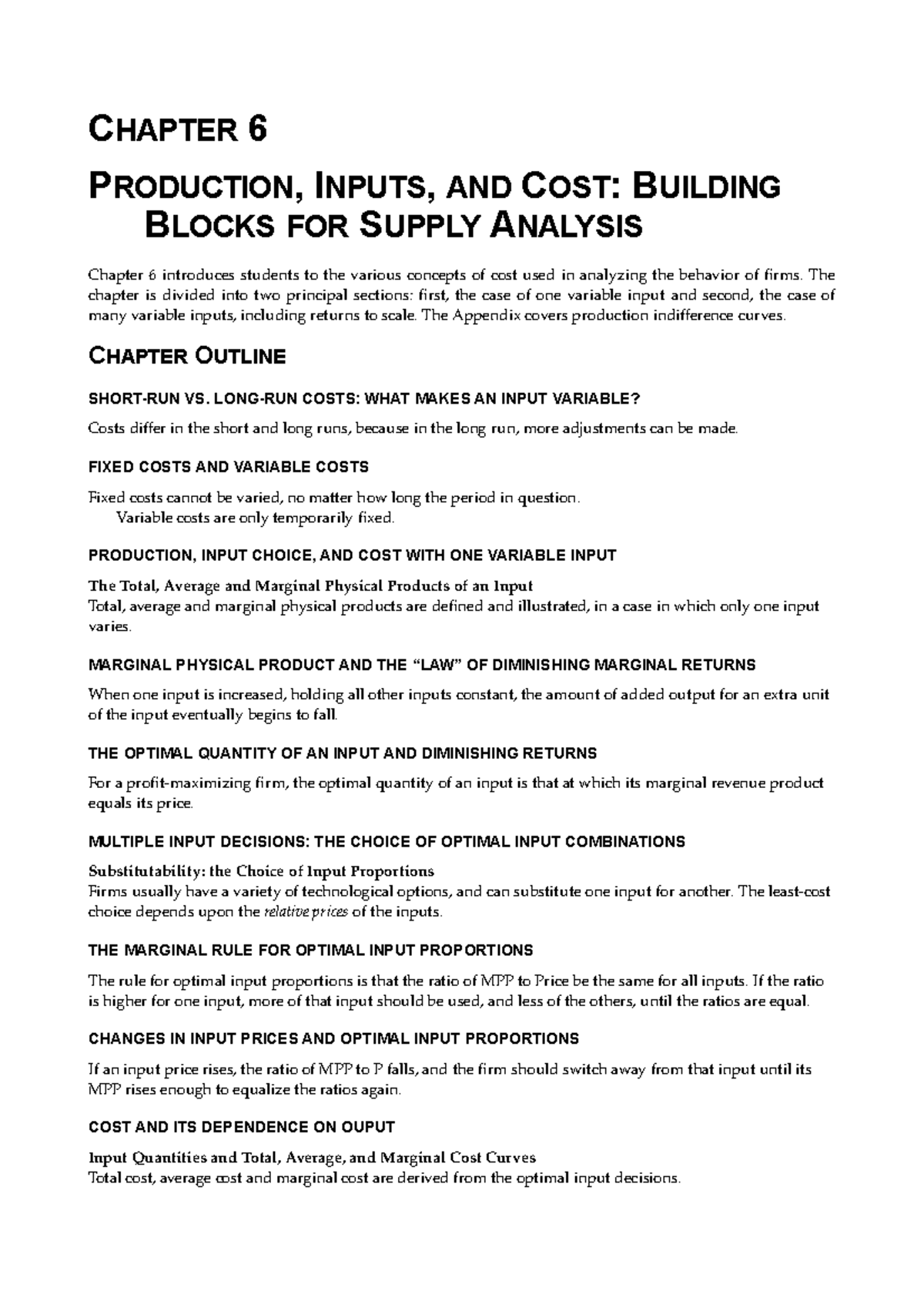Production and costs - CHAPTER 6 PRODUCTION, INPUTS, AND COST: BUILDING ...