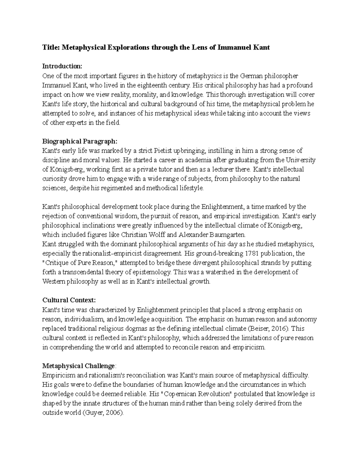 Philosophy written assigment. Unit 2 - Title: Metaphysical Explorations ...