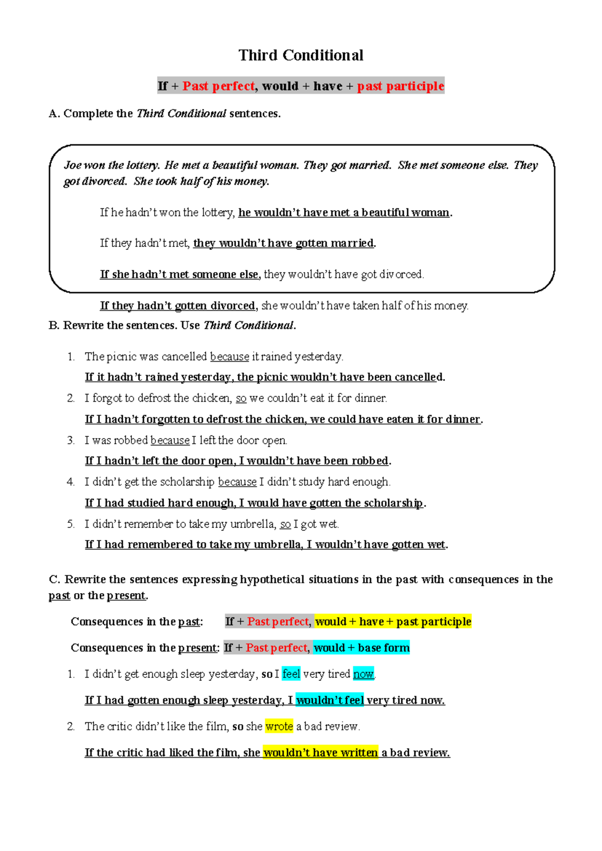 Third conditional - Worksheet - Answers - Third Conditional If + Past ...