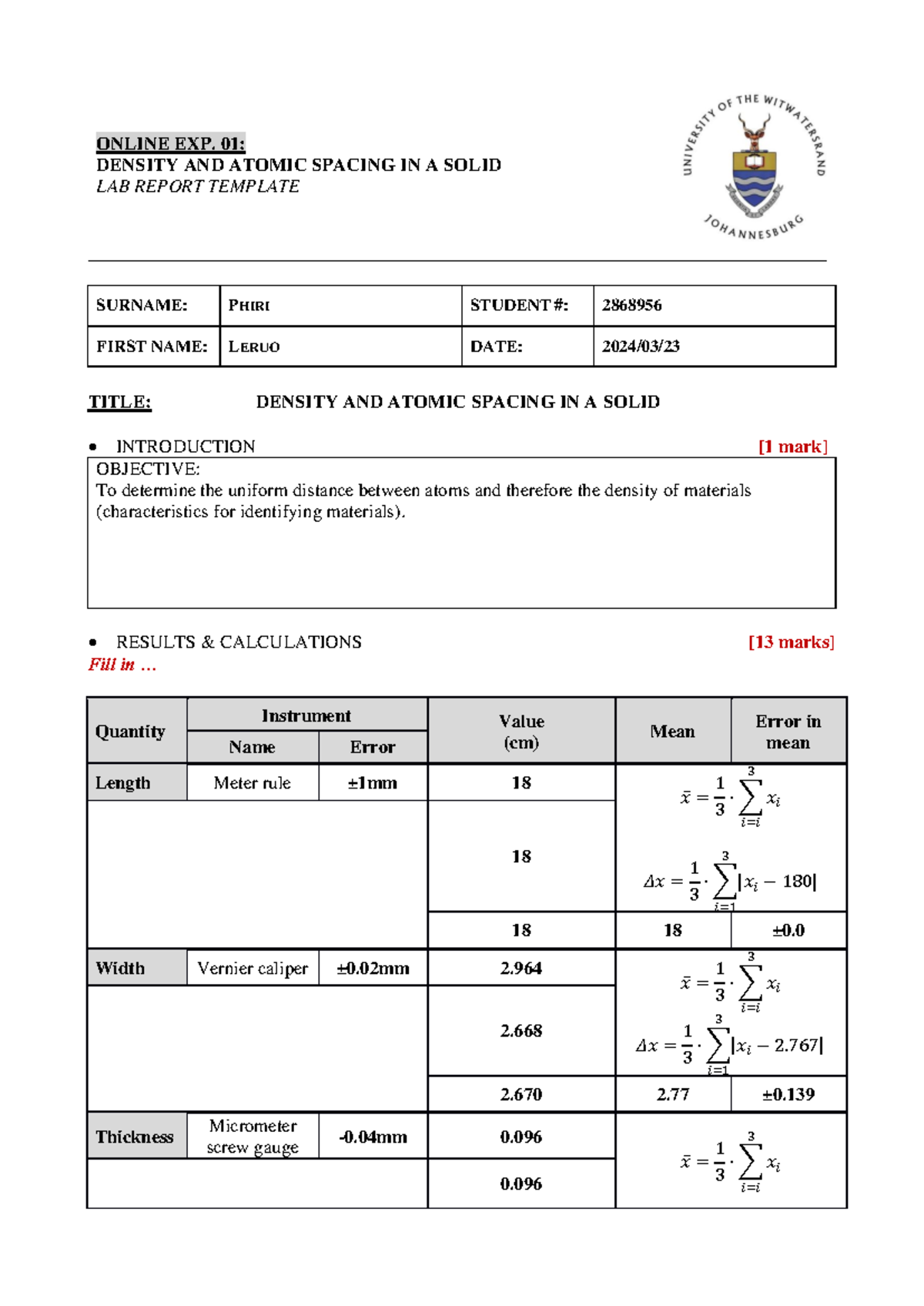 Online Exp01 - Density & Atomic Spacing - Lab Report Template-2 ...