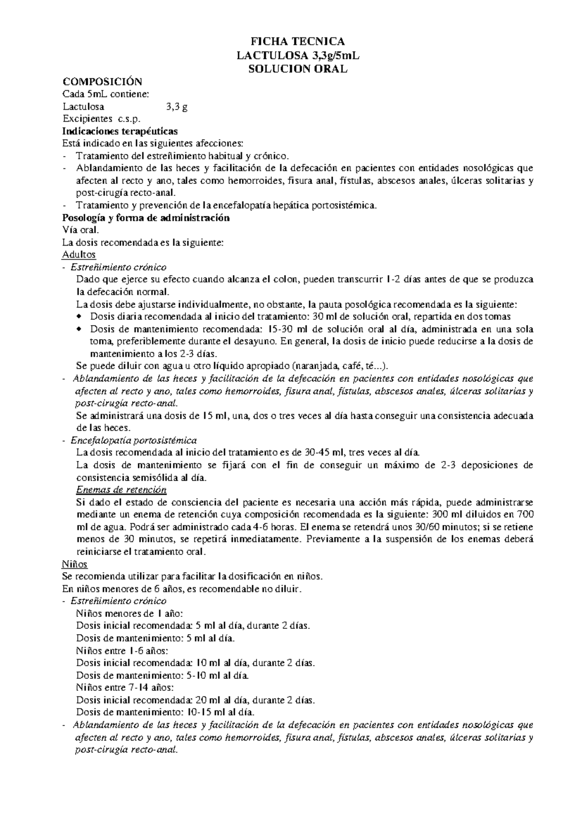 Lactulosa - ficha tecnica - FICHA TECNICA LACTULOSA 3,3g/5mL SOLUCION ...
