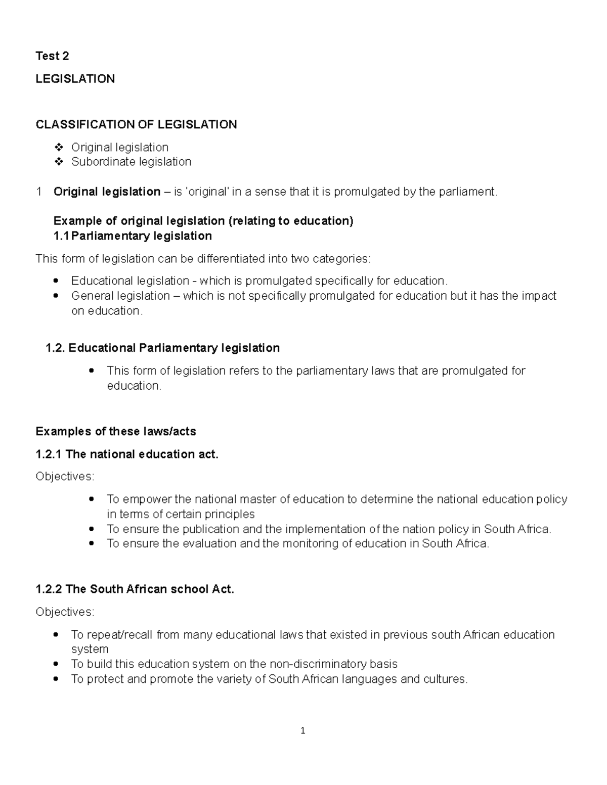 Legislation - STUDY NOTES - Test 2 LEGISLATION CLASSIFICATION OF ...