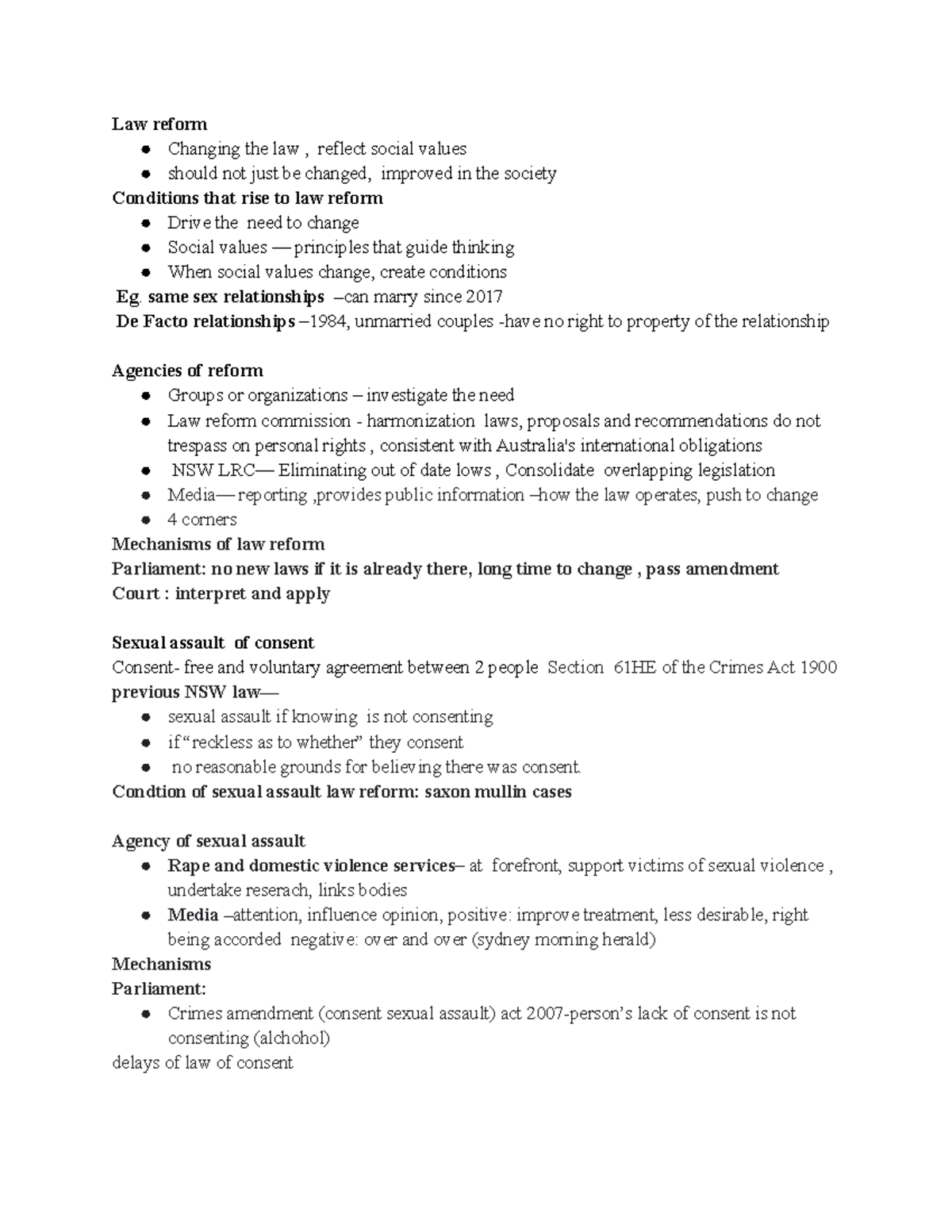Legal cheat sheet - Google Docs - Law reform Changing the law , reflect ...