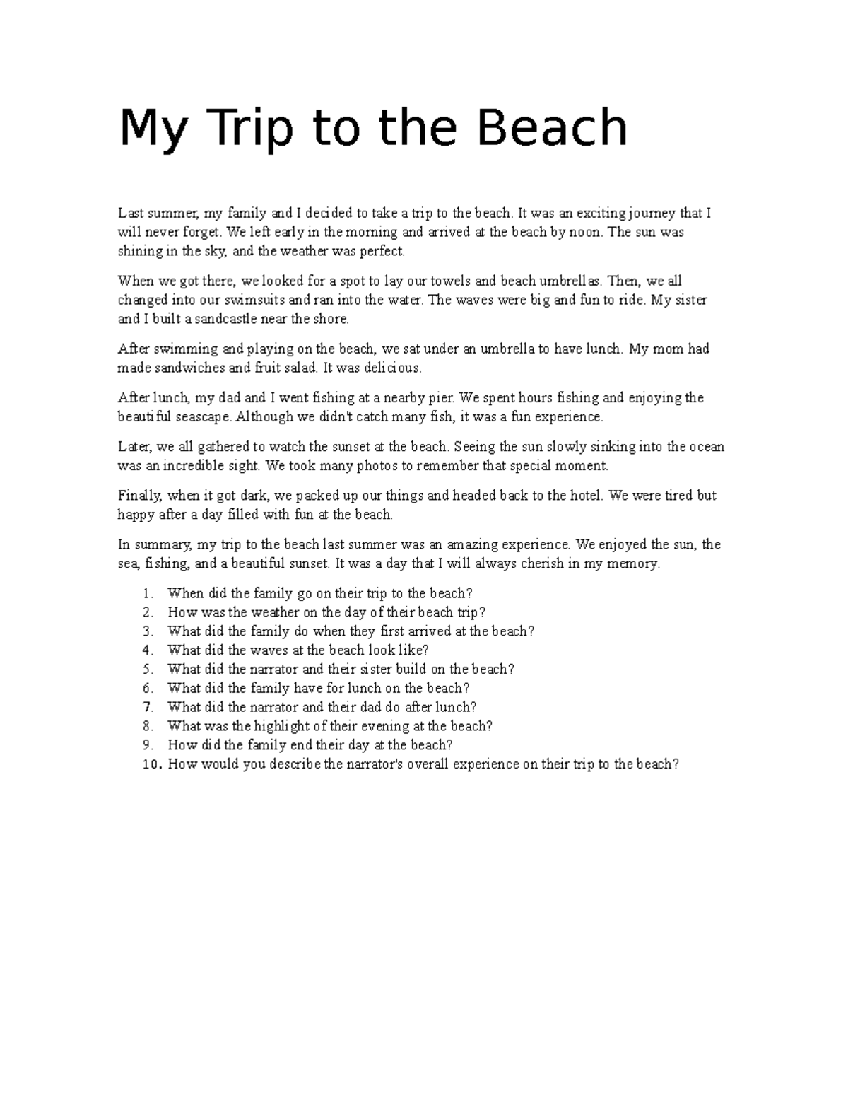 My Trip to the Beach Reading exercise with simple past - My Trip to the ...