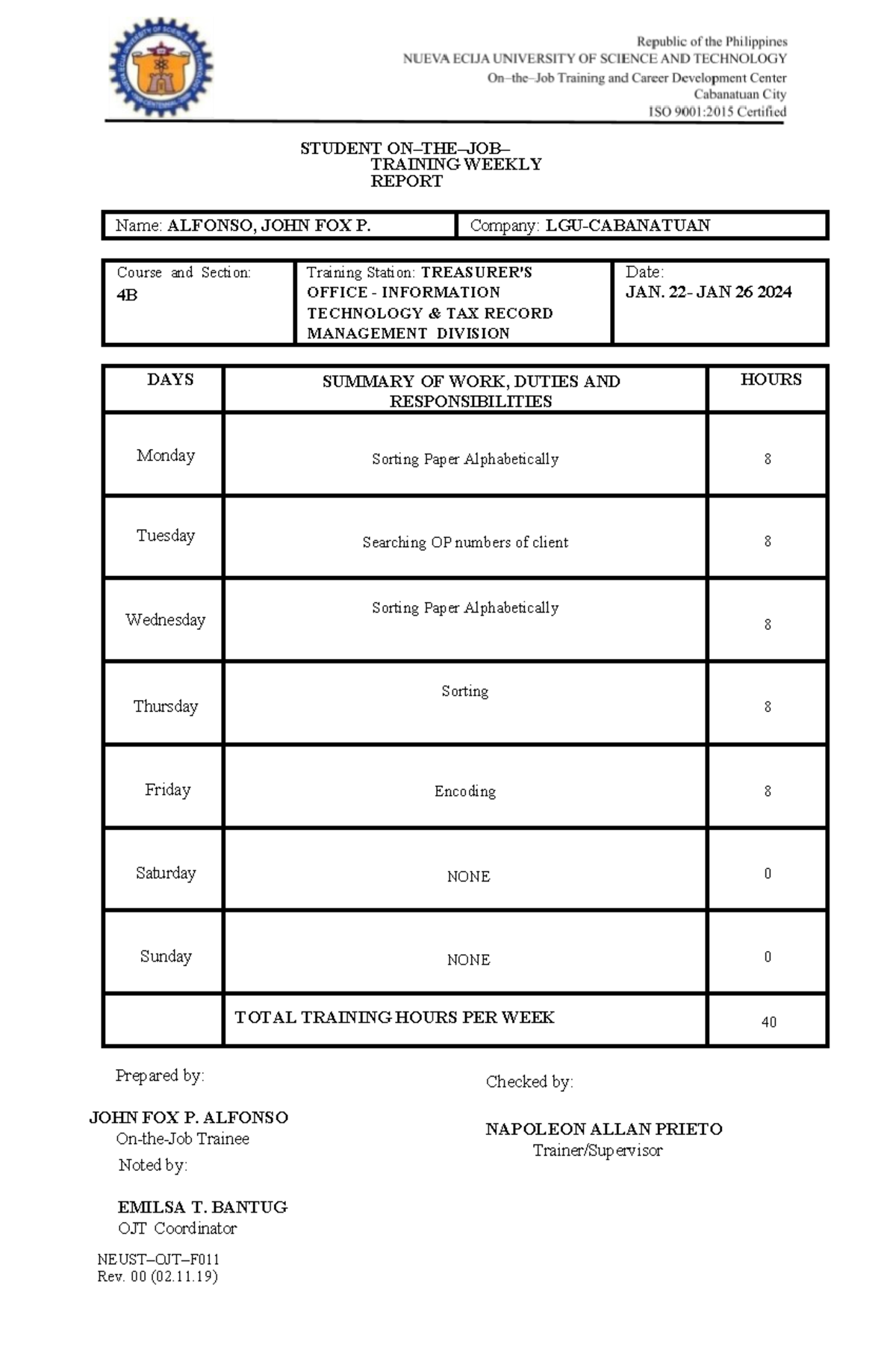 Weekly report - jan22-26 - STUDENT ON–THE–JOB– TRAINING WEEKLY REPORT ...