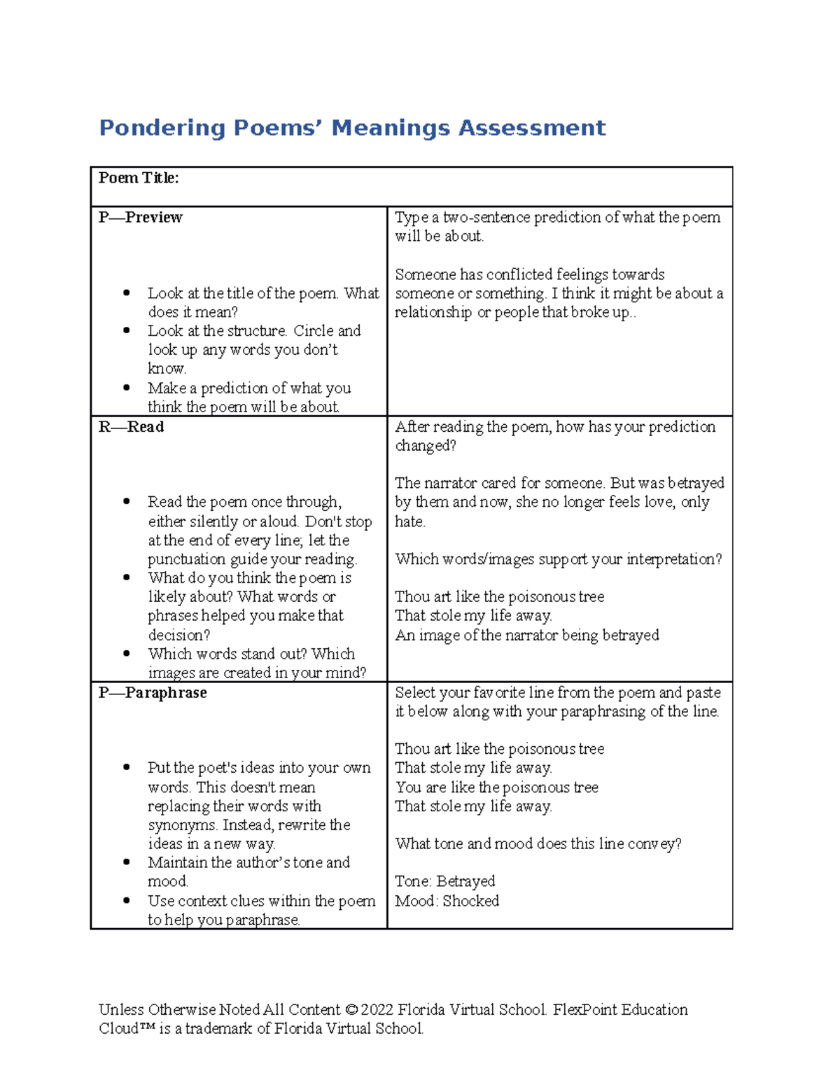 Pondering Poems Assessment - Pondering Poems’ Meanings Assessment Poem ...