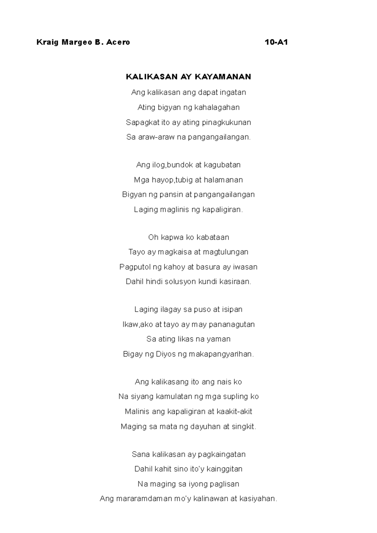 Filipinbo tula - poem - Kraig Margeo B. Acero 10-A KALIKASAN AY KAYAMANAN Ang kalikasan ang ...
