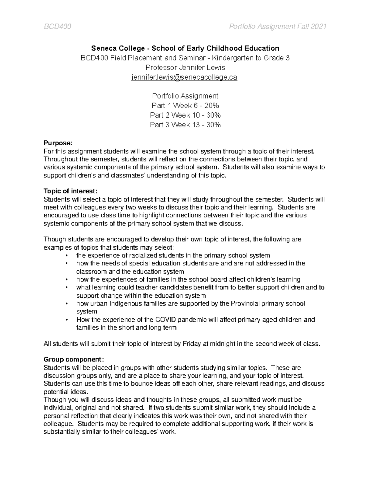 BCD 400 Portfolio Assignment - Fall 2021 - CYC 100 - Seneca College ...