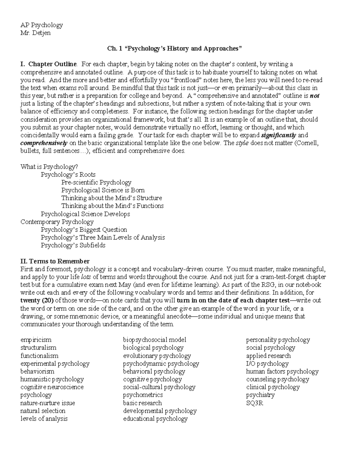 1 Reading Study Guides - AP Psychology Mr. Detjen Ch. 1 “Psychology’s ...